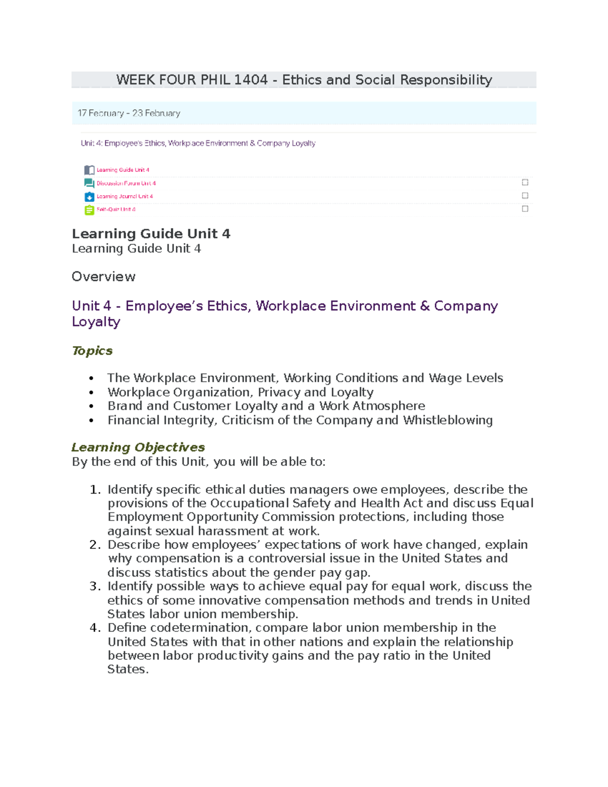 Study guide WEEK FOUR PHIL 1404 - Ethics and Social Responsibility - WEEK FOUR PHIL 1404 ...