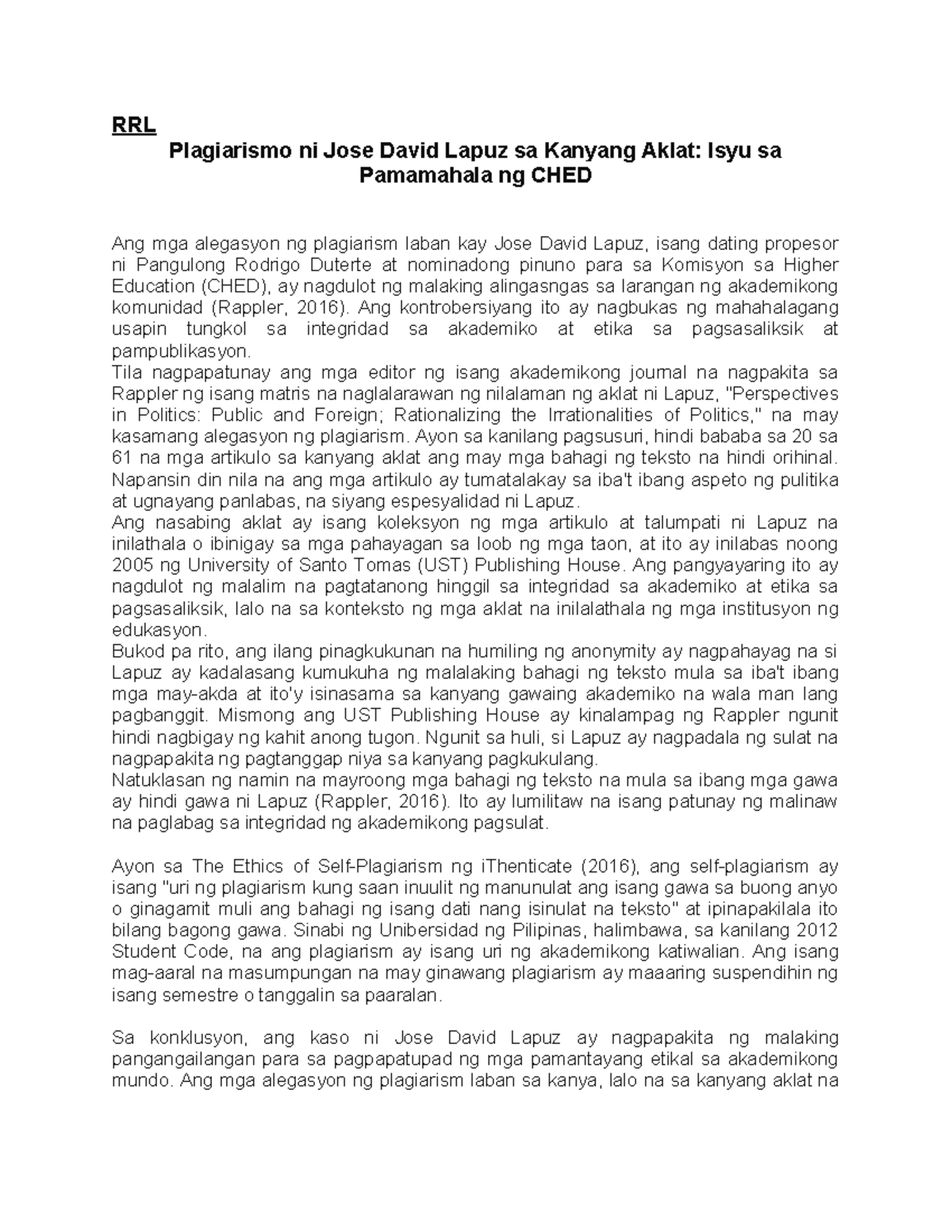 Fil - RRL Plagiarismo ni Jose David Lapuz sa Kanyang Aklat: Isyu sa Pamamahala ng CHED Ang mga ...