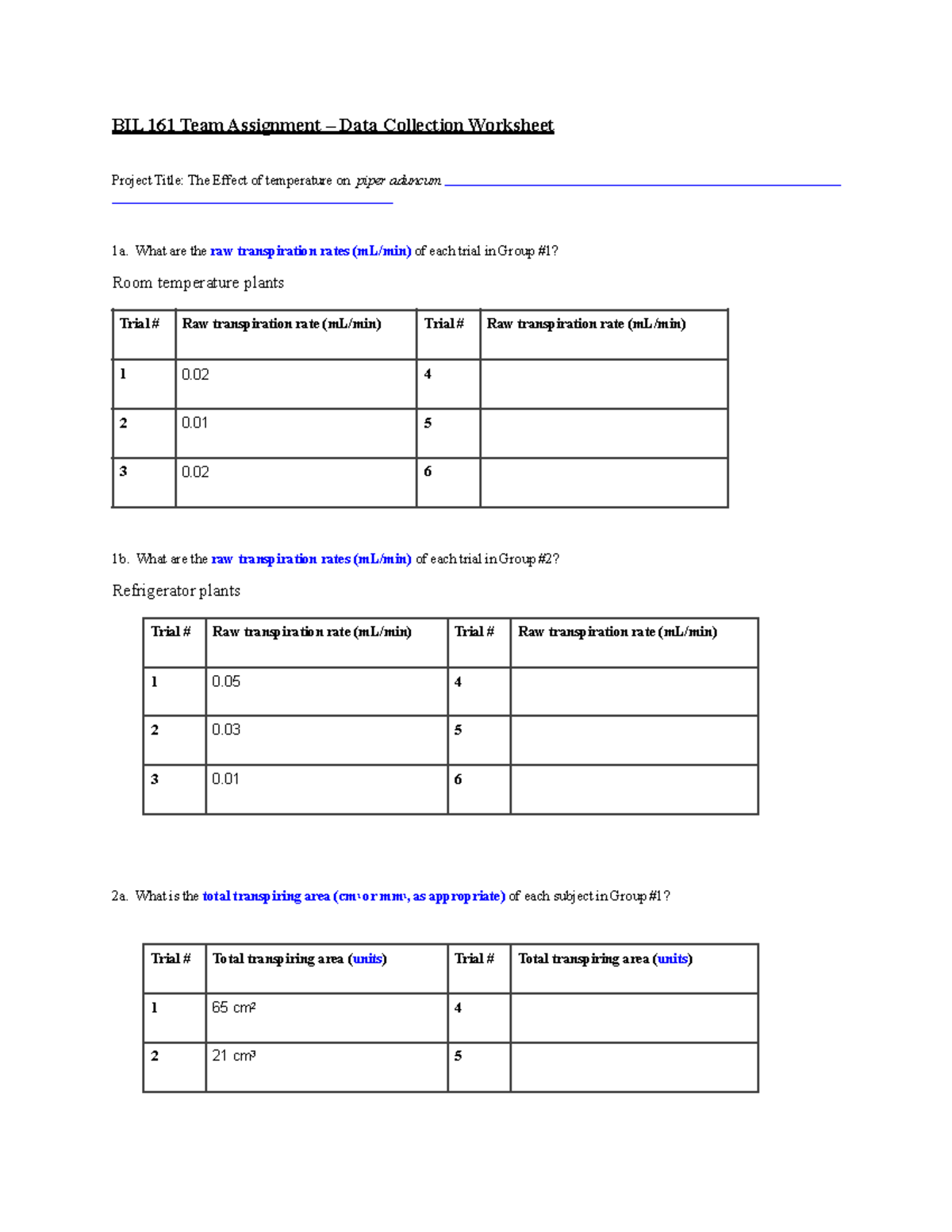 BIL 161 Data Collection - BIL 161 Team Assignment – Data Collection ...
