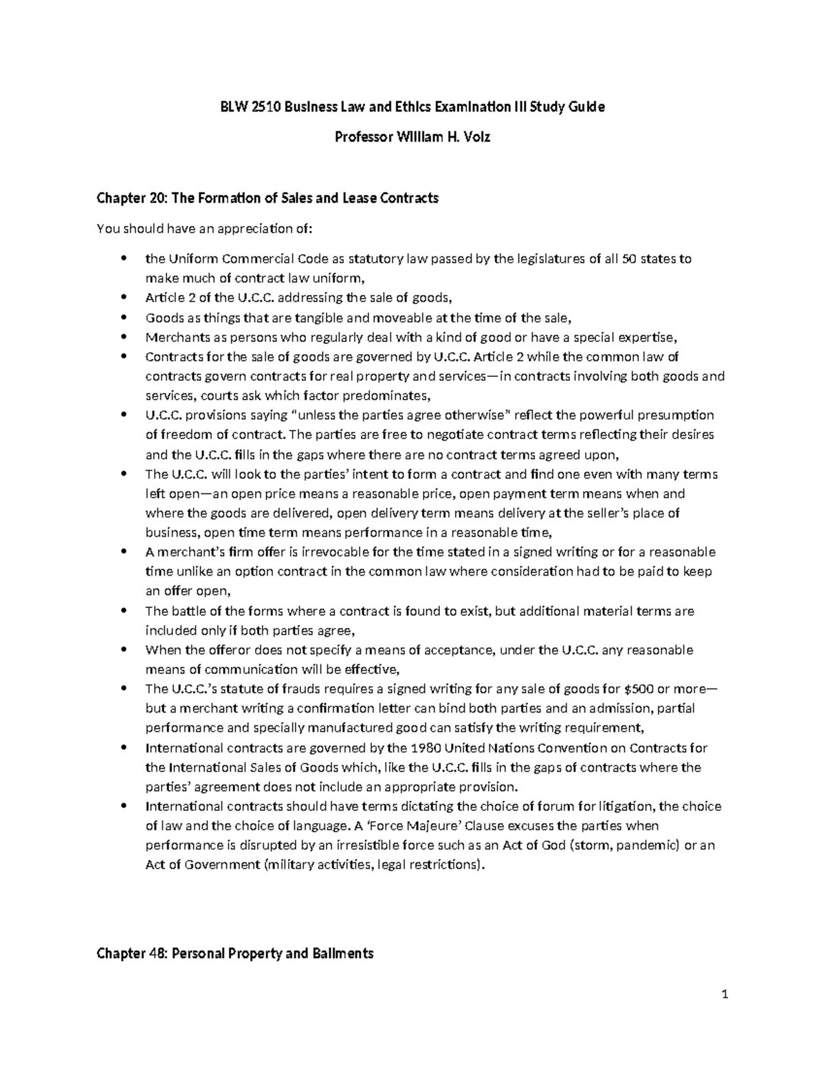 Study guide exam 3 - BLW 2510 Business Law and Ethics Examination III ...