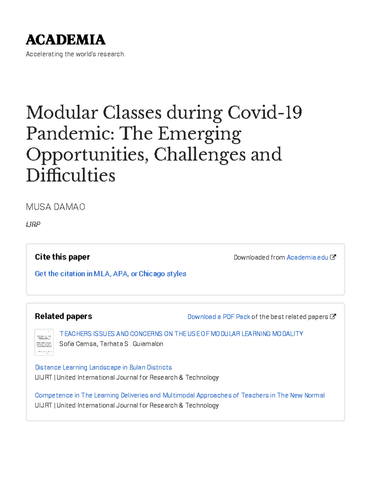 Modular Classes during Covid-19 - Accelerating the world's research ...