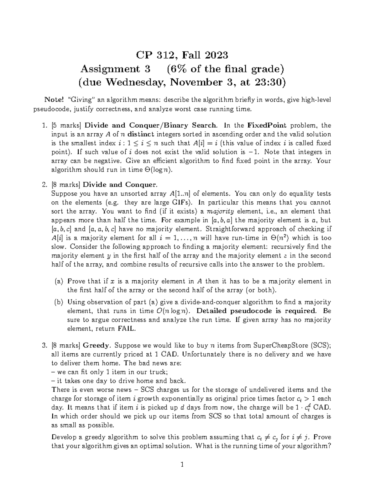 A3 CP312 F2023 - n/a - CP 312, Fall 2023 Assignment 3 (6% of the final grade) (due Wednesday ...