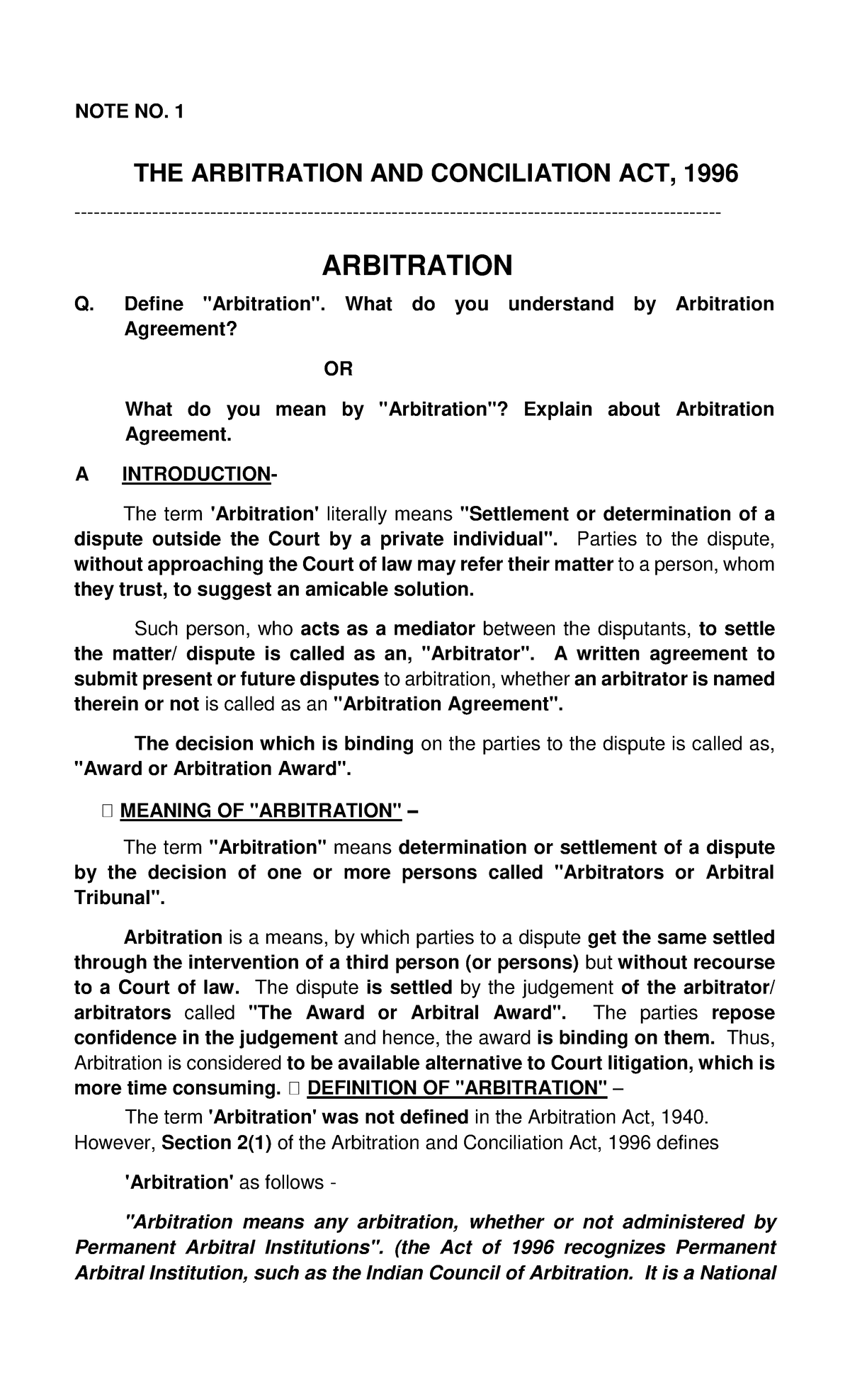Law notes in India - NOTE NO. 1 THE ARBITRATION AND CONCILIATION ACT ...