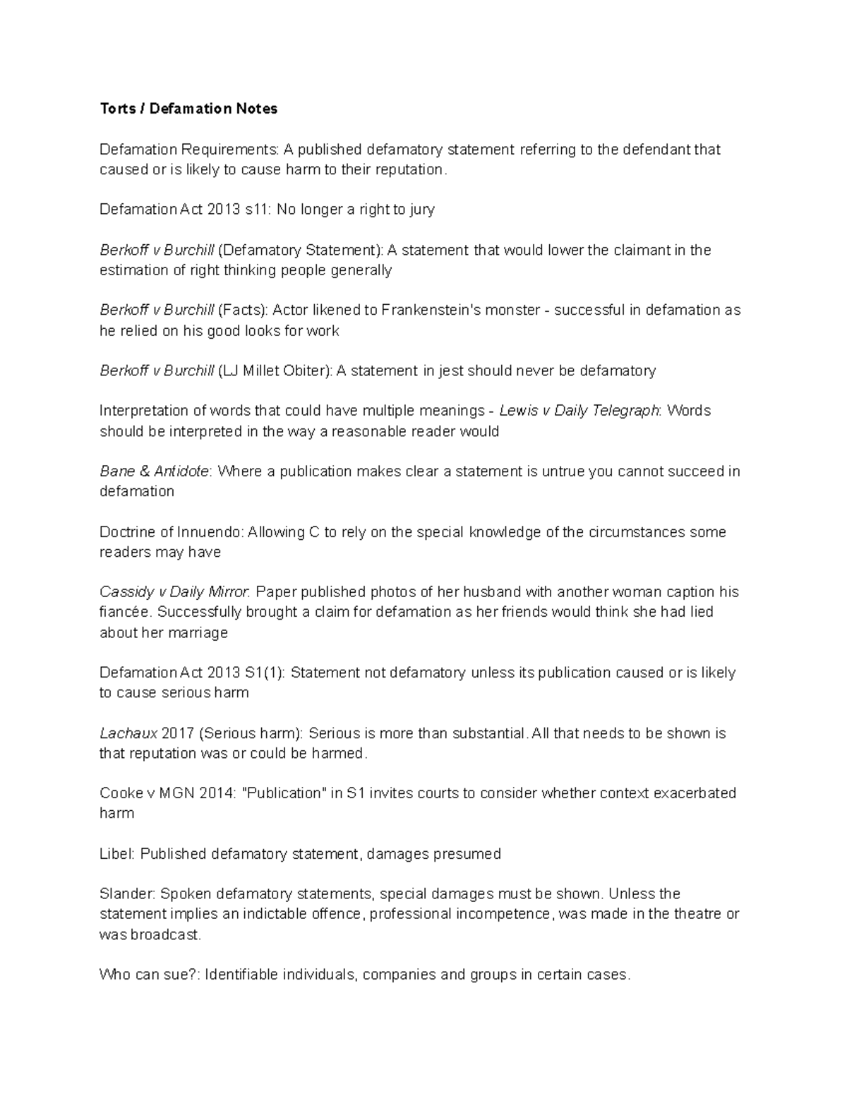 Torts Defamation Notes - Torts / Defamation Notes Defamation ...