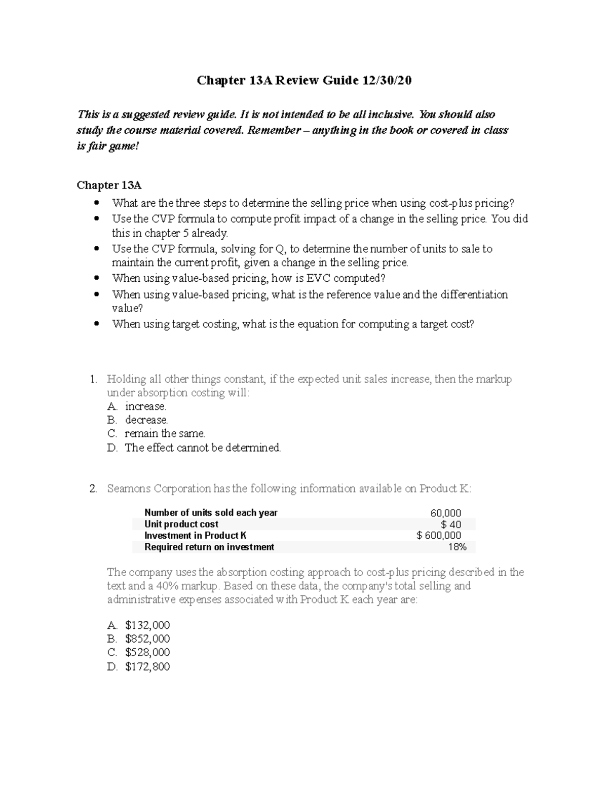 Chapter 13A Review Guide - It is not intended to be all inclusive. You should also study the ...