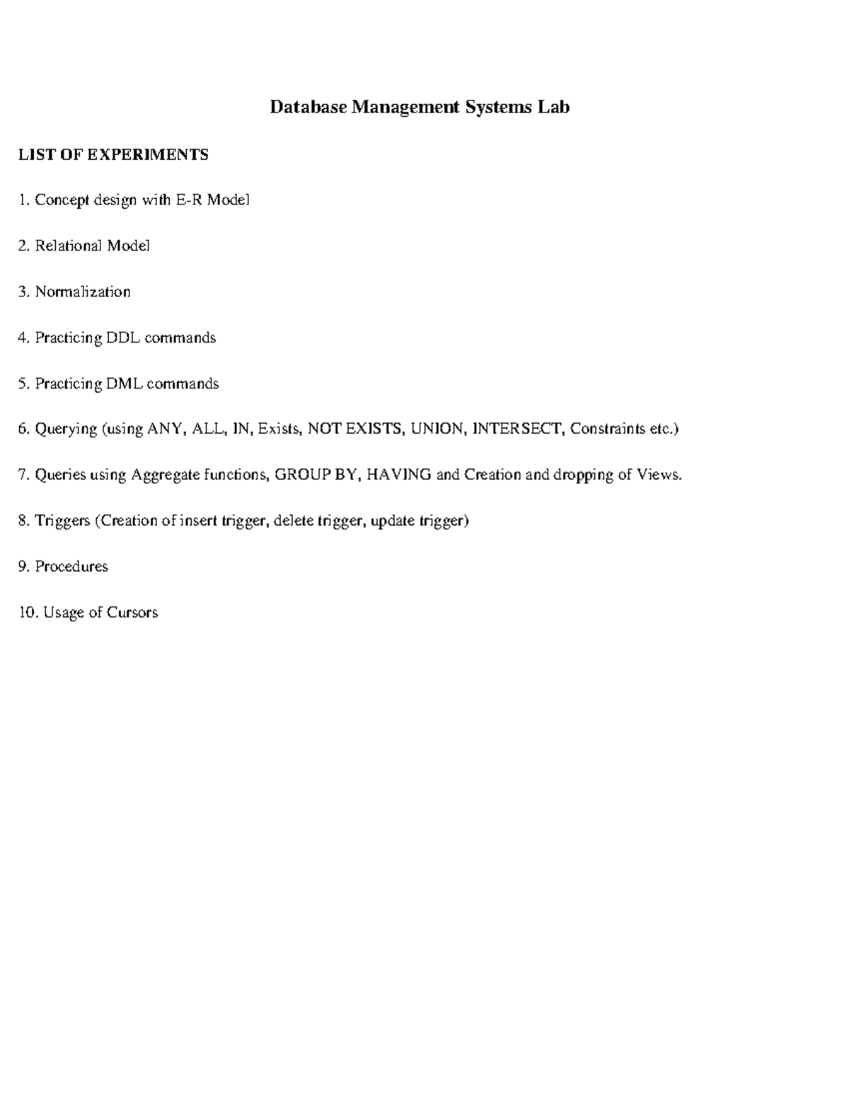 R22 CSE DBMS LAB Manual - Database Management Systems Lab LIST OF EXPERIMENTS Concept design ...