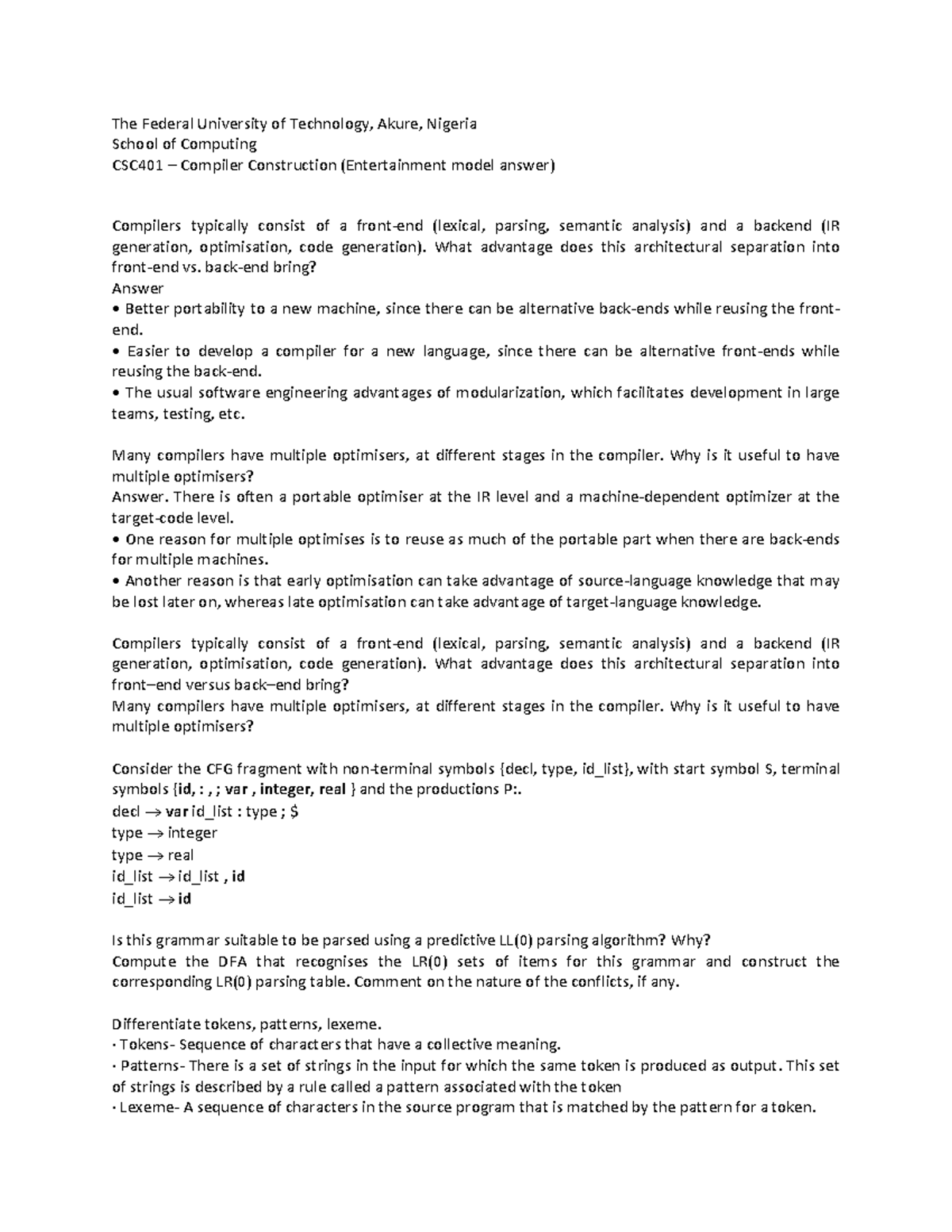 Csc401 compiler construction entertainment model answers - The Federal ...