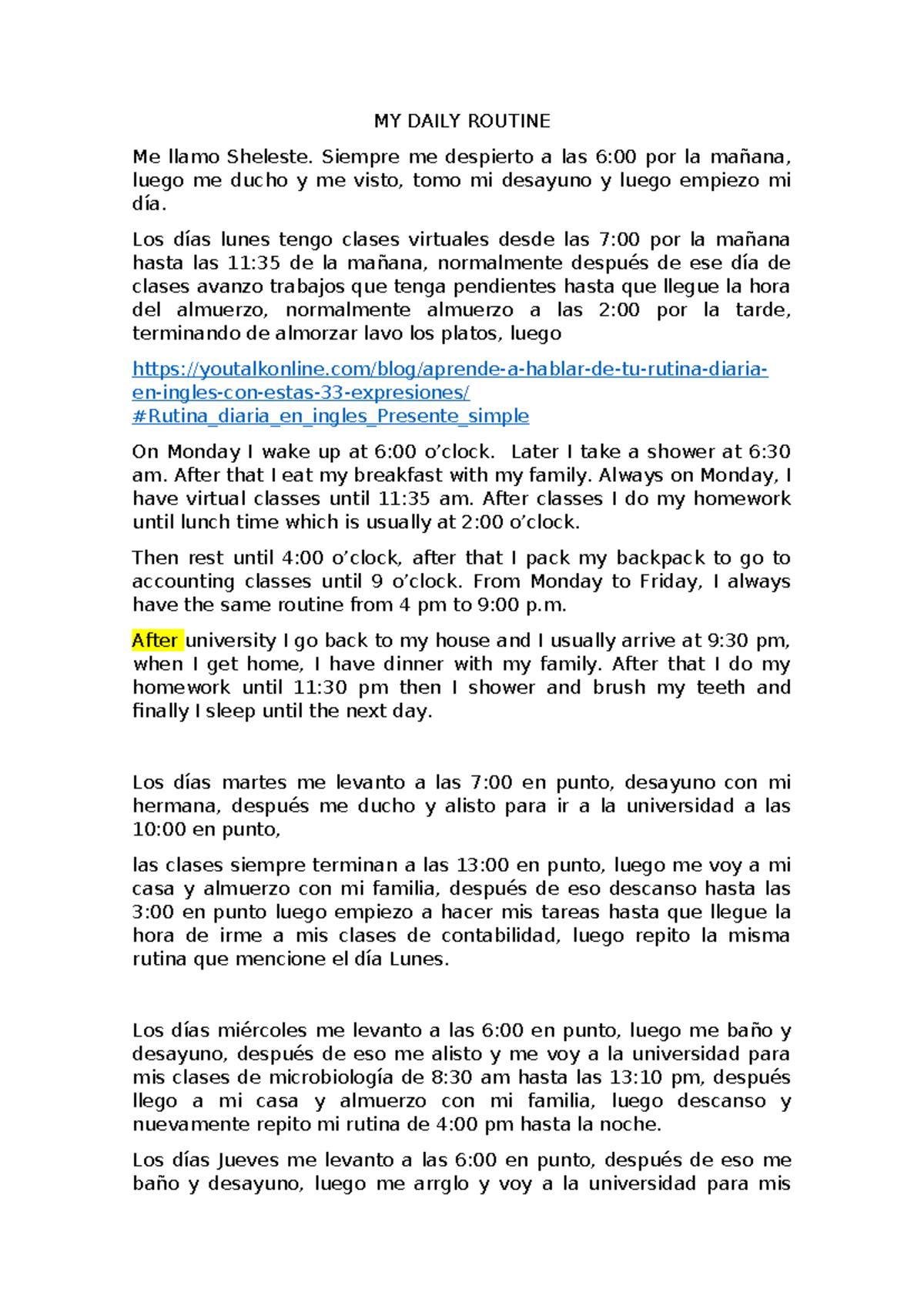 MY Daily Routine - Ejemplo de una rutina diaria en ingles. - MY DAILY ...