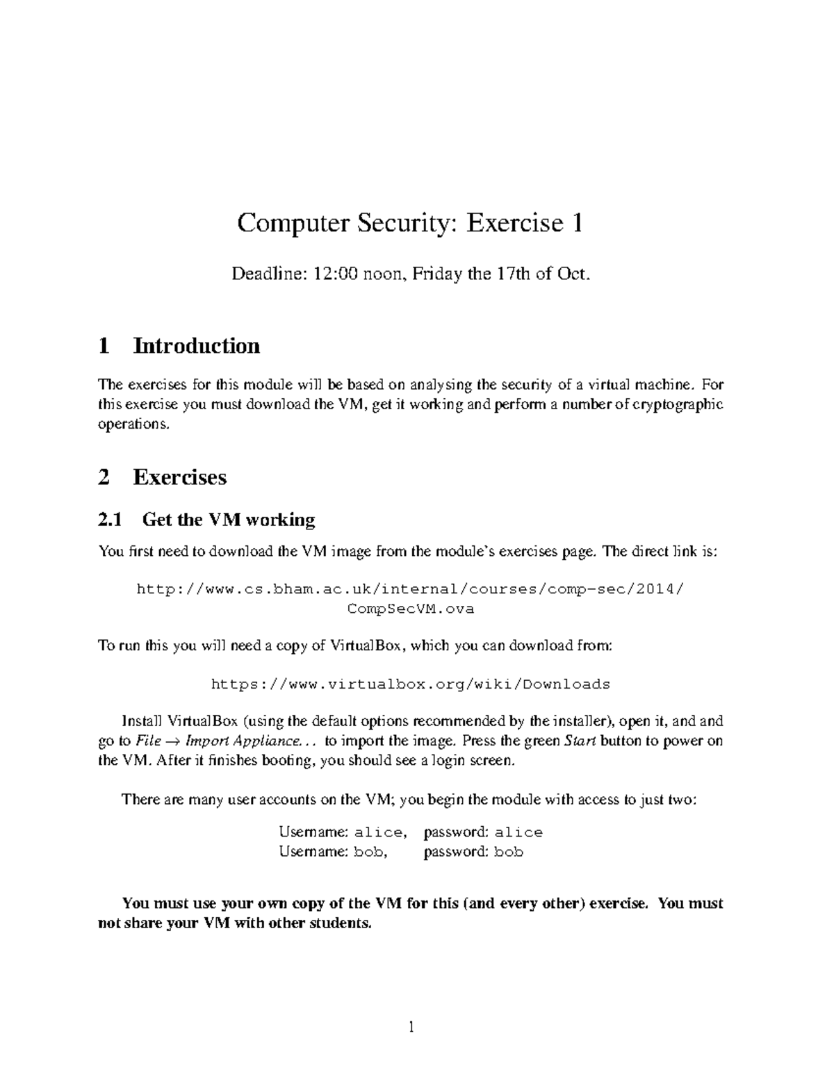 Seminar assignments - Exercise 1-5 - Computer Security: Exercise 1 ...