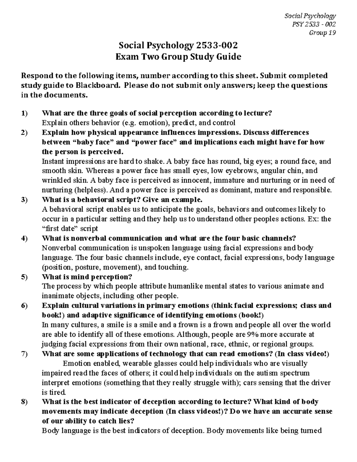 PSY 2533 Social Psychology Exam 2 Group Study Guide - PSY 2533 - 002 ...