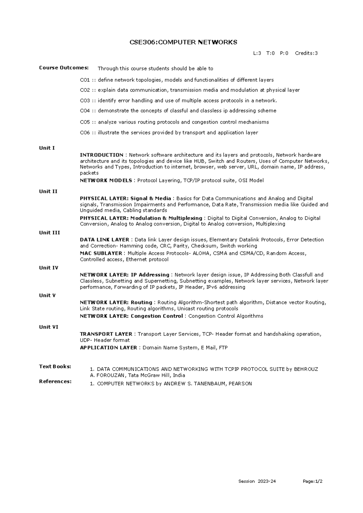 Sem 3 Syallbus Combined Updated Cse306computer Networks Course Outcomes Co1 Define