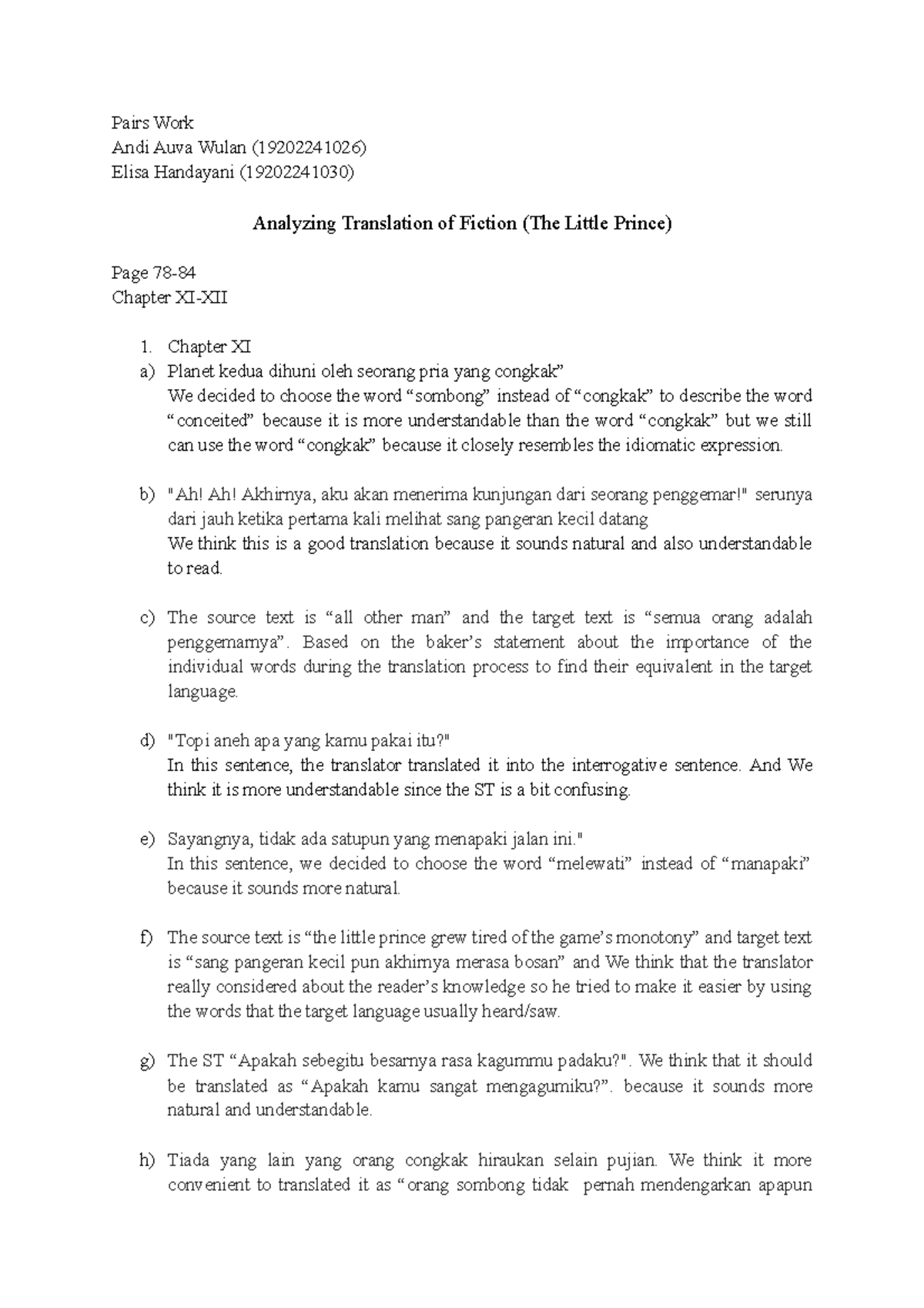 Analyzing Translation of Fiction - Pairs Work Andi Auva Wulan ...