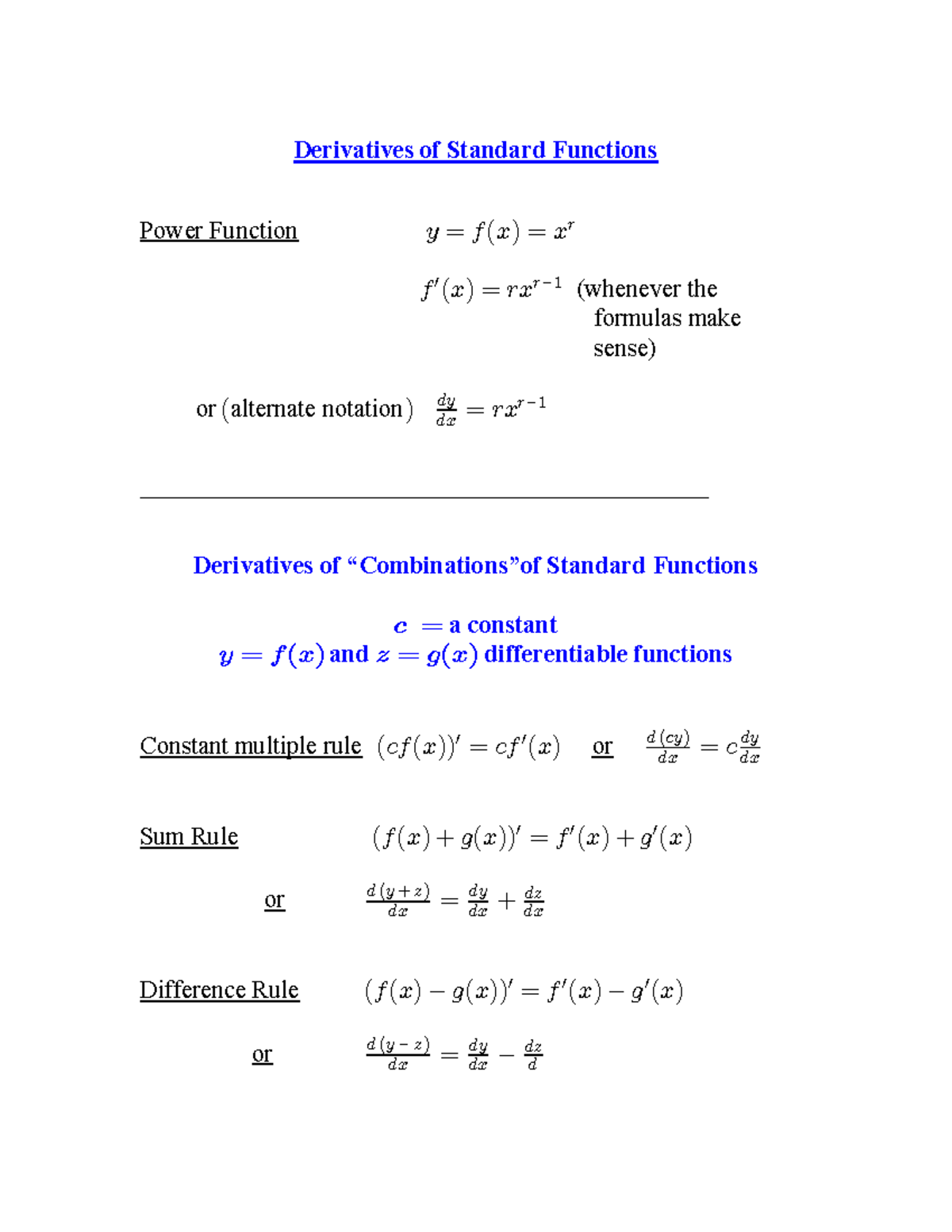 Fall 2016 Lecture 12 - Derivatives of Standard Functions Power Function ...