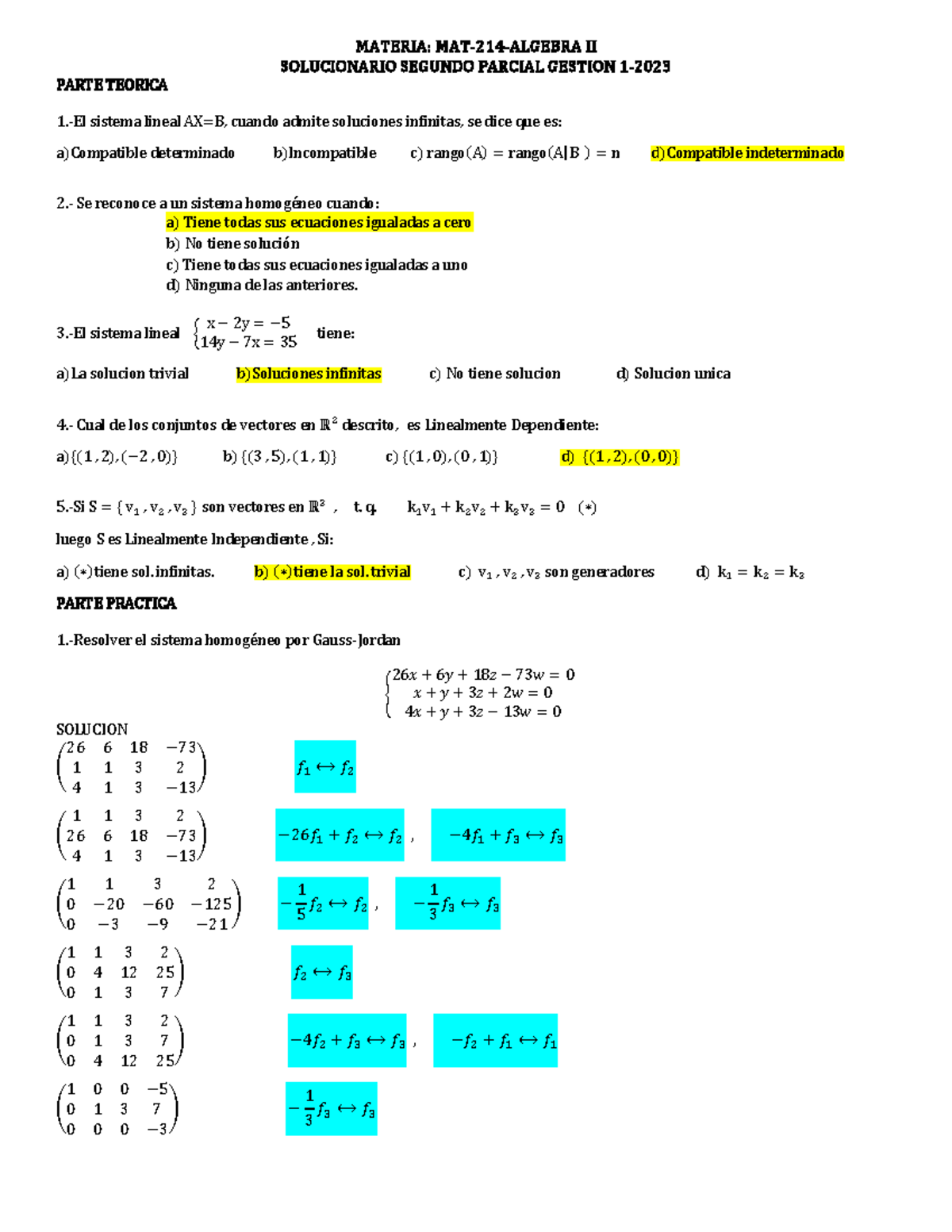 Soluciones 2DO Parcial 1-2023 Algebra II - MATERIA: MAT- 214 - ALGEBRA II SOLUCIONARIO SEGUNDO ...