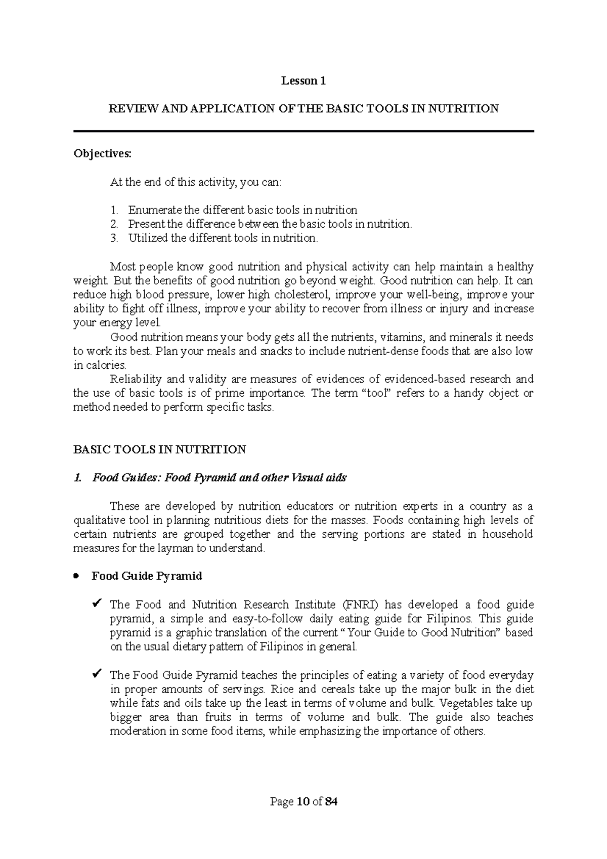 Review and Application of the Basic Tools in Nutrition - Lesson 1 ...