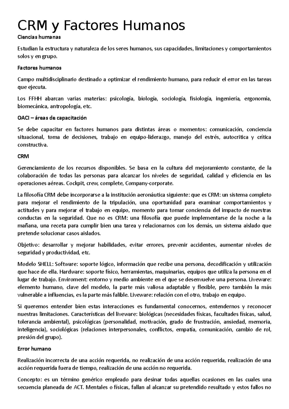 Resumen factores humanos - CRM y Factores Humanos Ciencias humanas ...