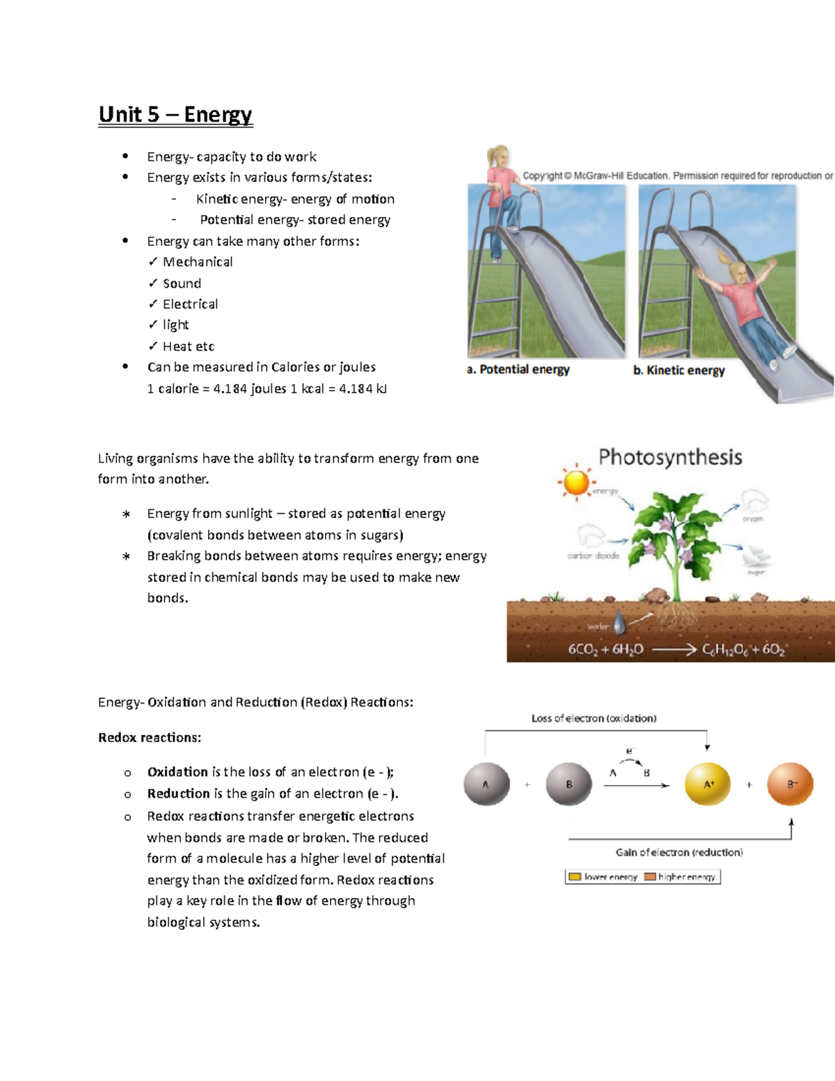 Unit 5 Notes - Semester Test 2 - Unit 5 – Energy Energy- capacity to do ...