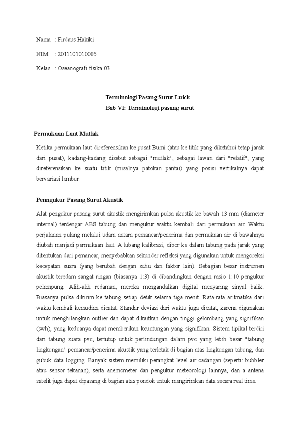Terminologi Pasang Surut Luick Oseanografi Fisika - Nama : Firdaus ...