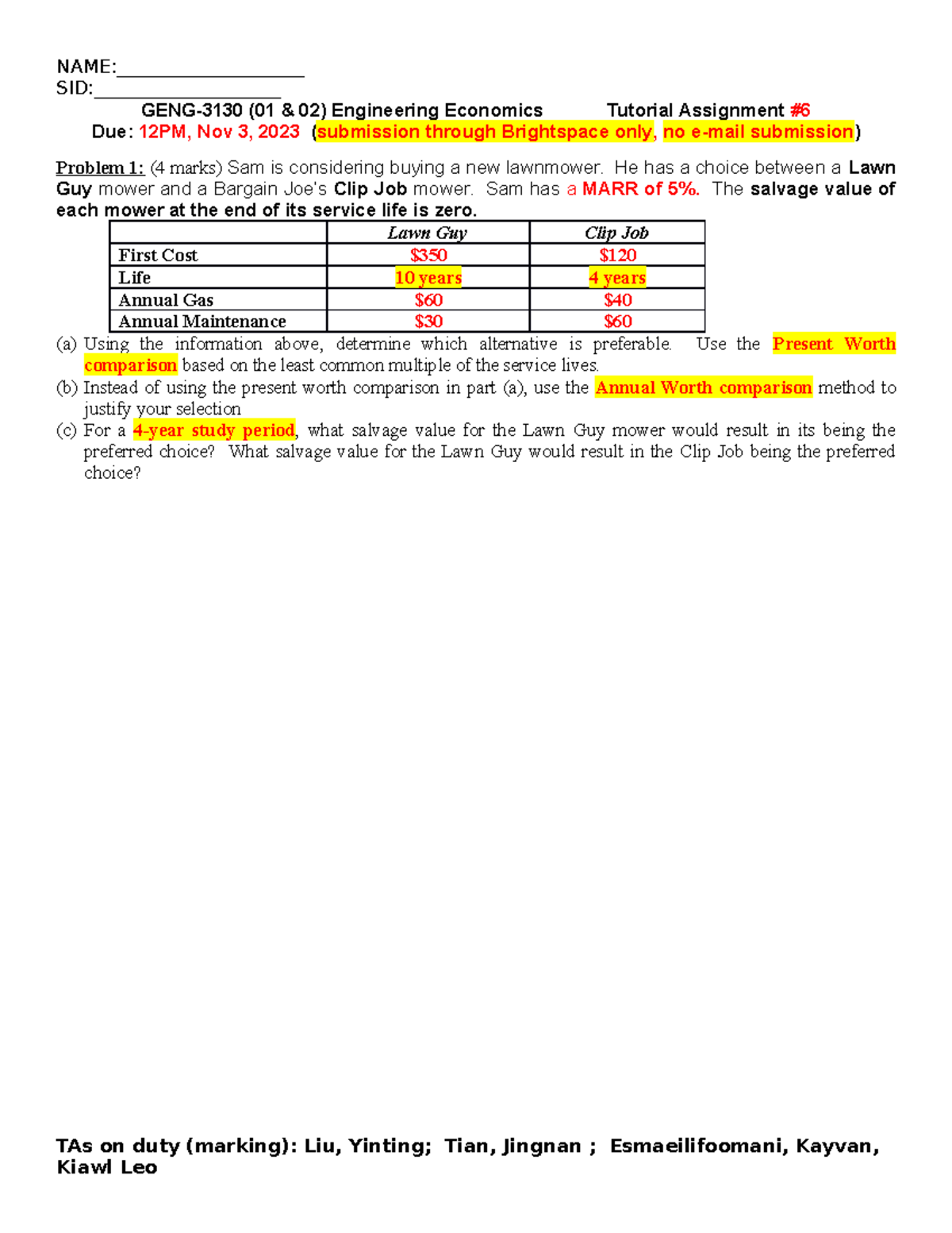 Tutorial-6-problems - tutorial 6 - NAME:____________________ SID:____________________ GENG-3130 ...