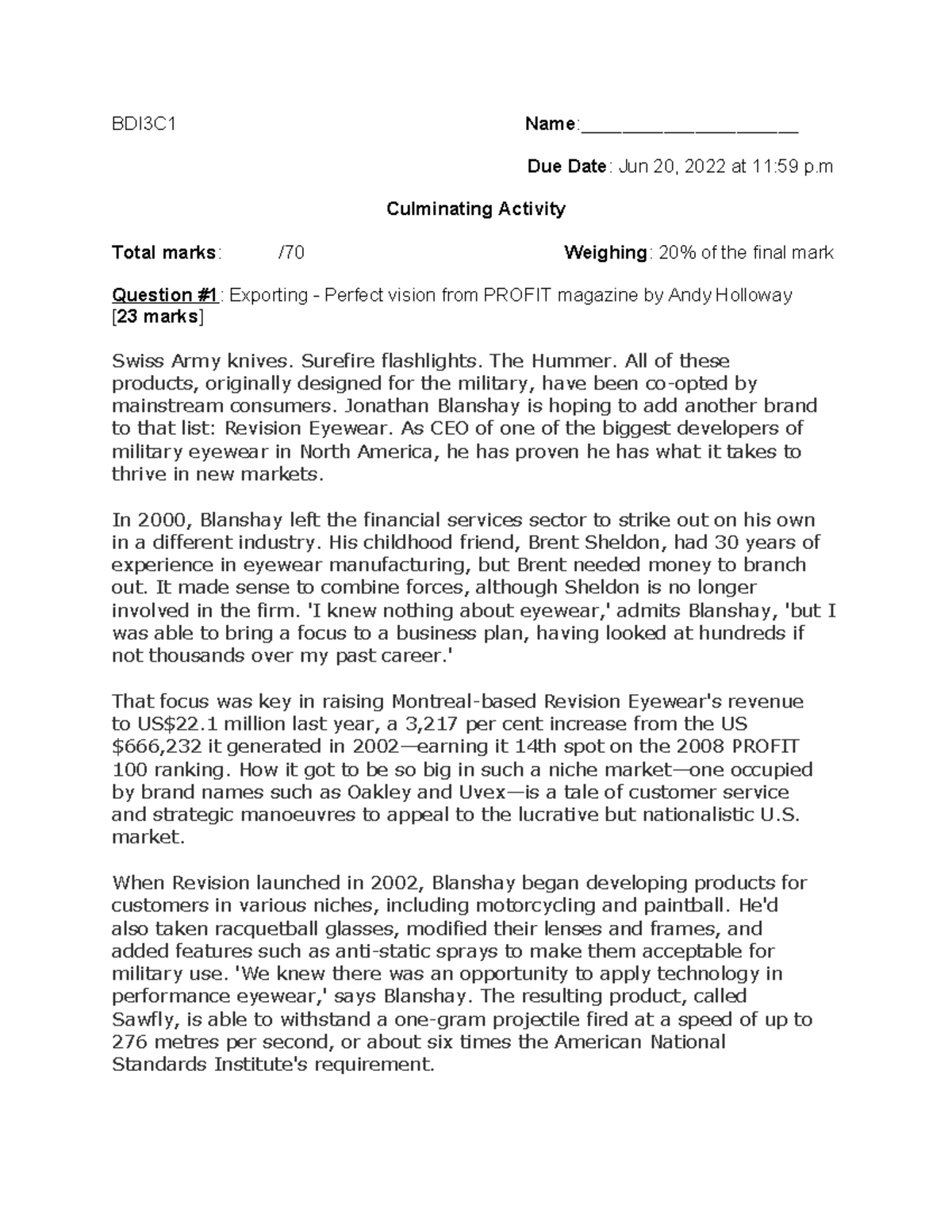 Final Culminating Activity Jun 2022 - BDI3C1 Name ...