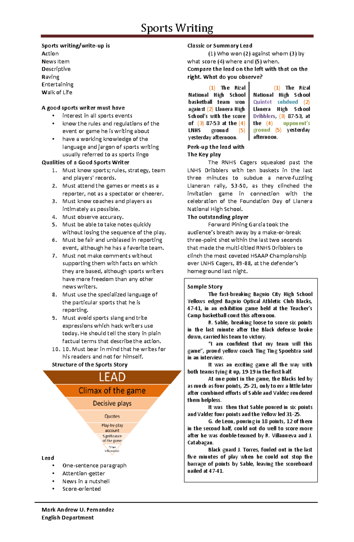 166982500-Sports-Writing - Sports Writing Mark Andrew U. Fernandez ...