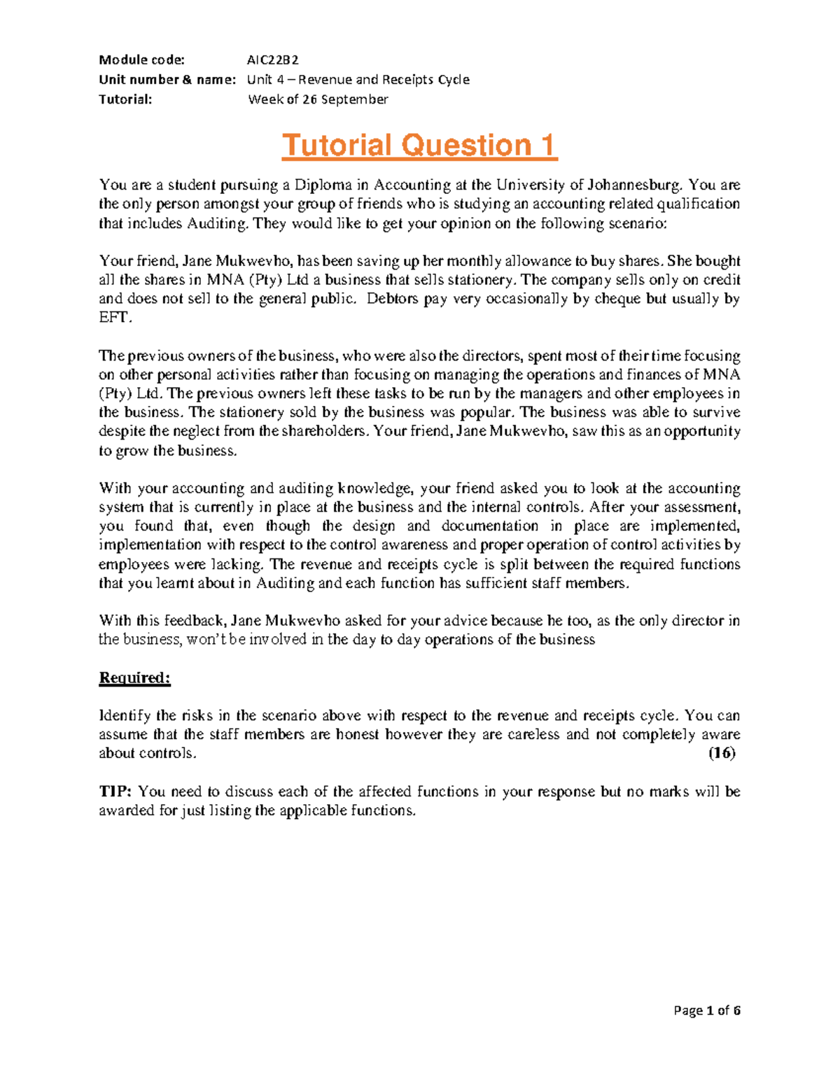 AIC2B Tutorial Question and Memo week 2 - 26 September - Unit number ...