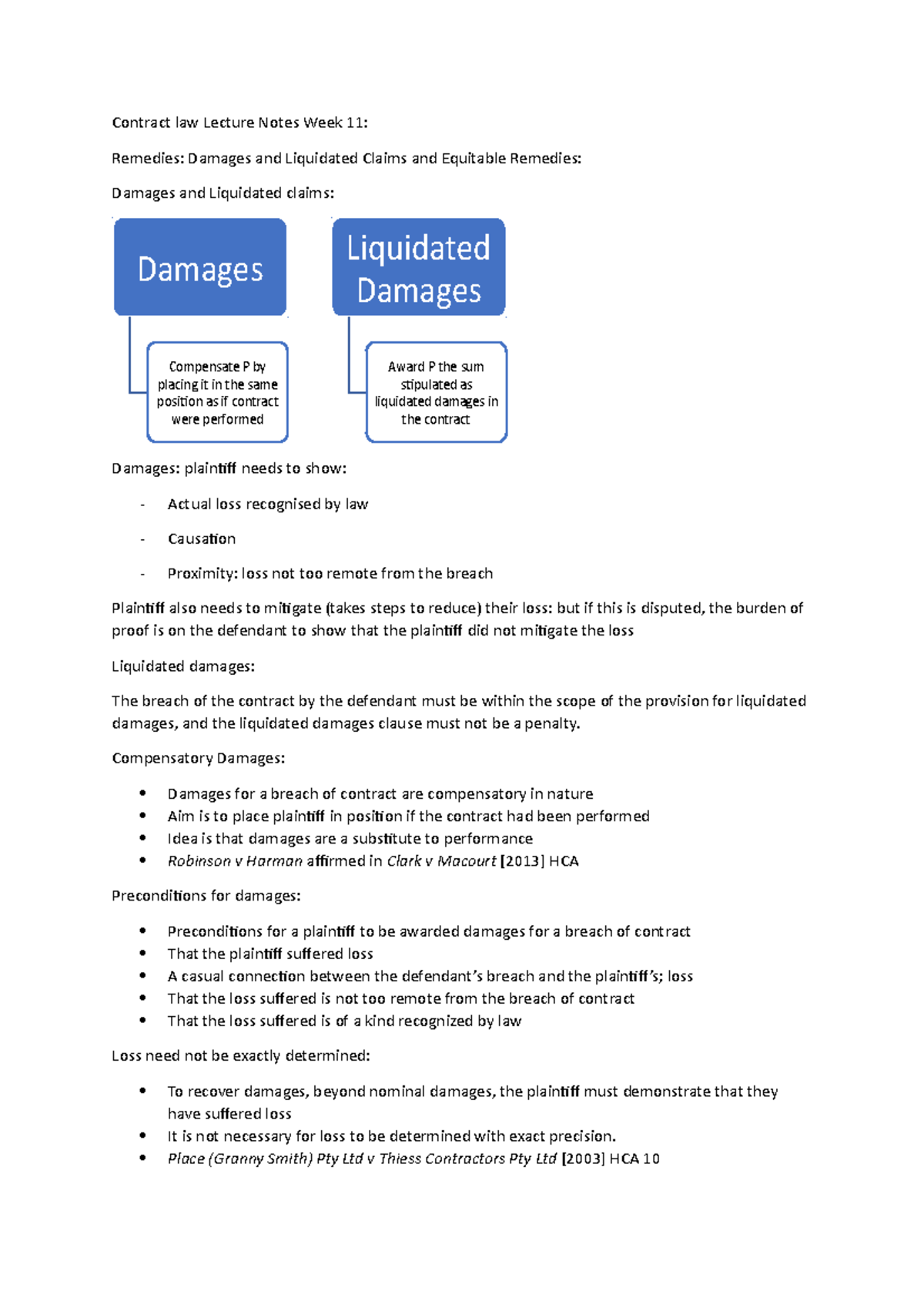 Contract law Lecture Notes Week 11 - Compensatory Damages: Damages for ...