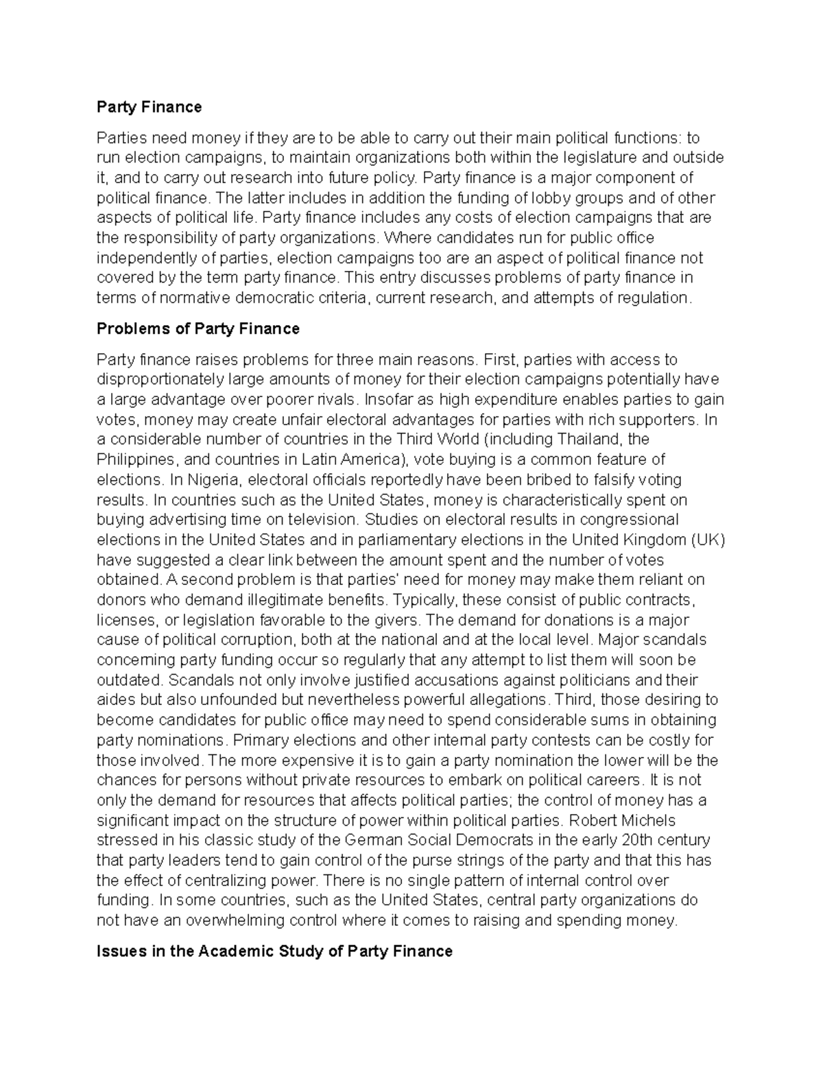 Party Finance - Party Finance Parties need money if they are to be able ...