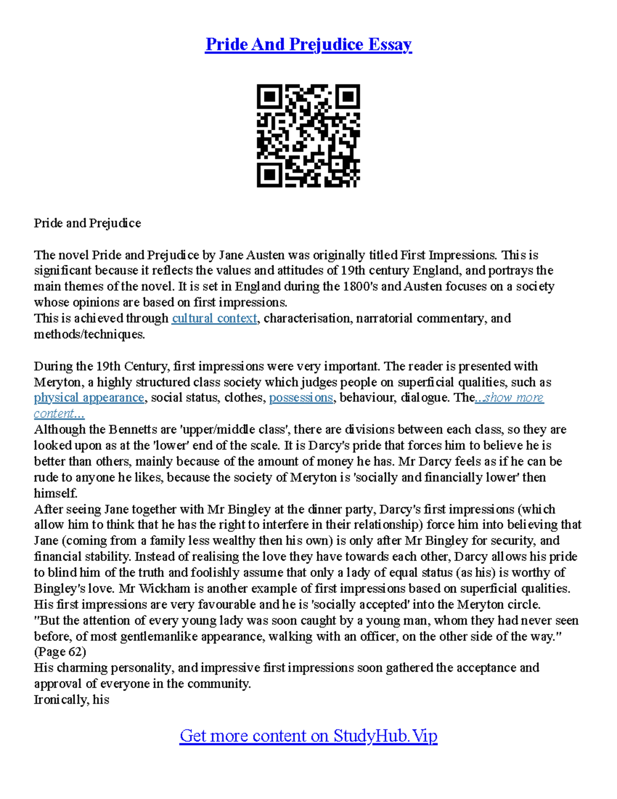 Pride And Prejudice Critical Essay - Pride And Prejudice Essay Pride ...