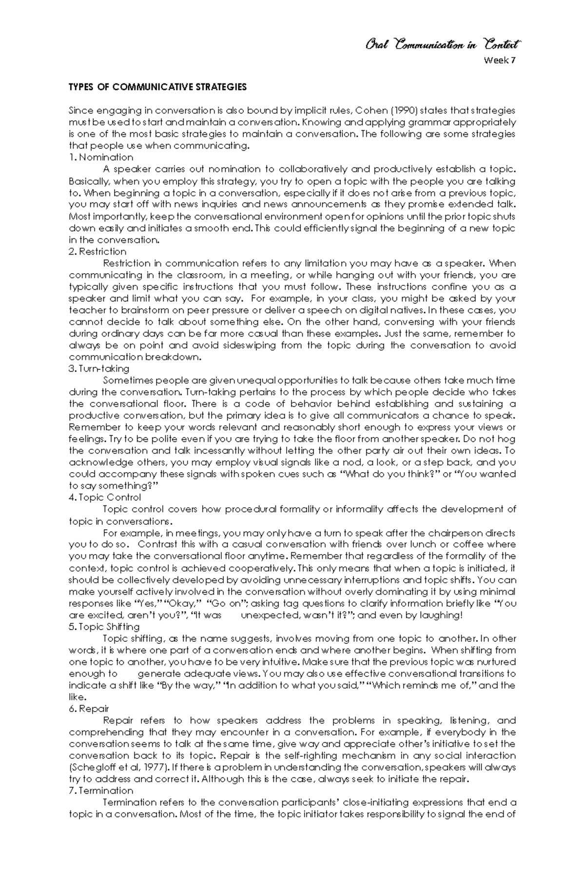 Oral Comm Week 7 - oral communication - Oral Communication in Context ...