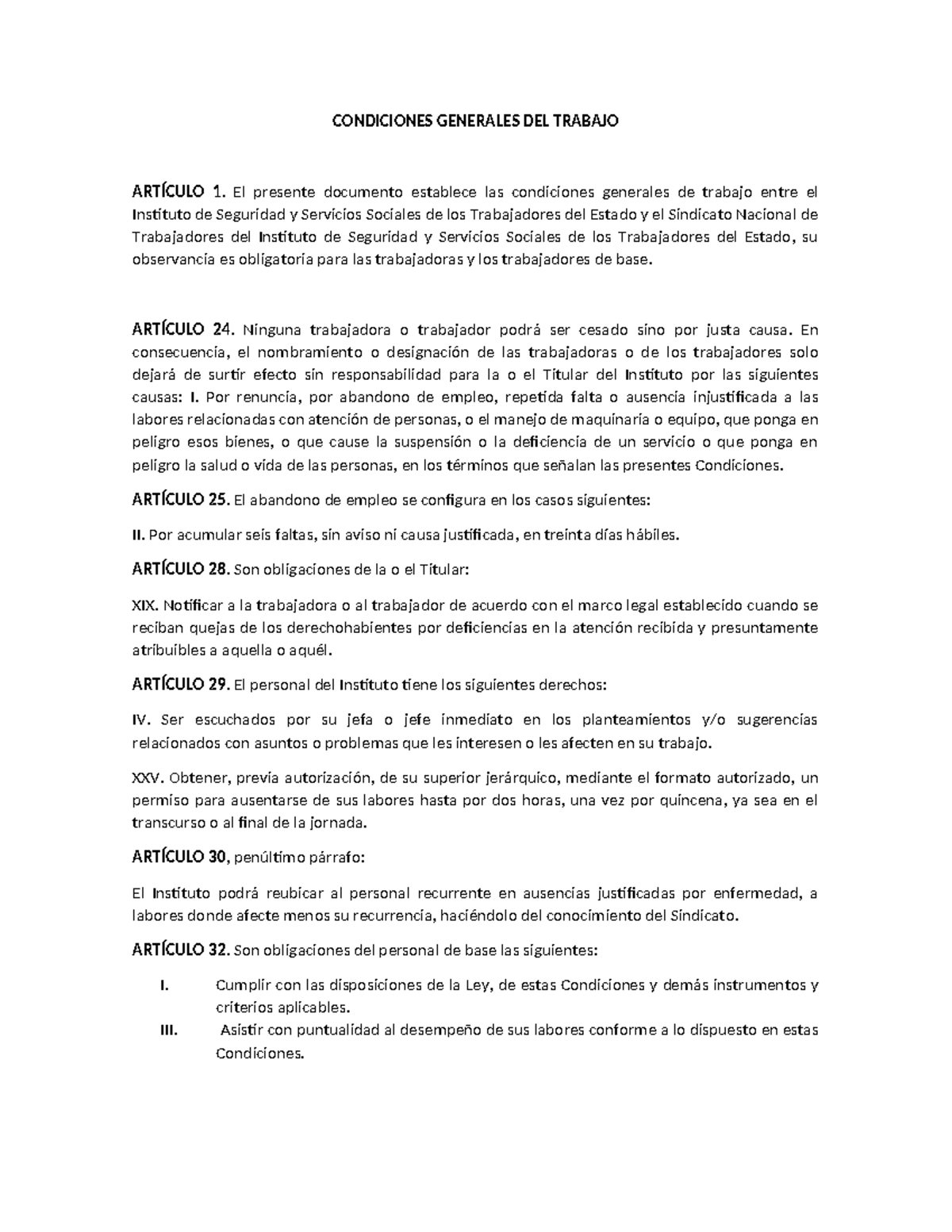 Condiciones Generales DEL Trabajo IS - CONDICIONES GENERALES DEL TRABAJO ARTÍCULO 1. El presente ...