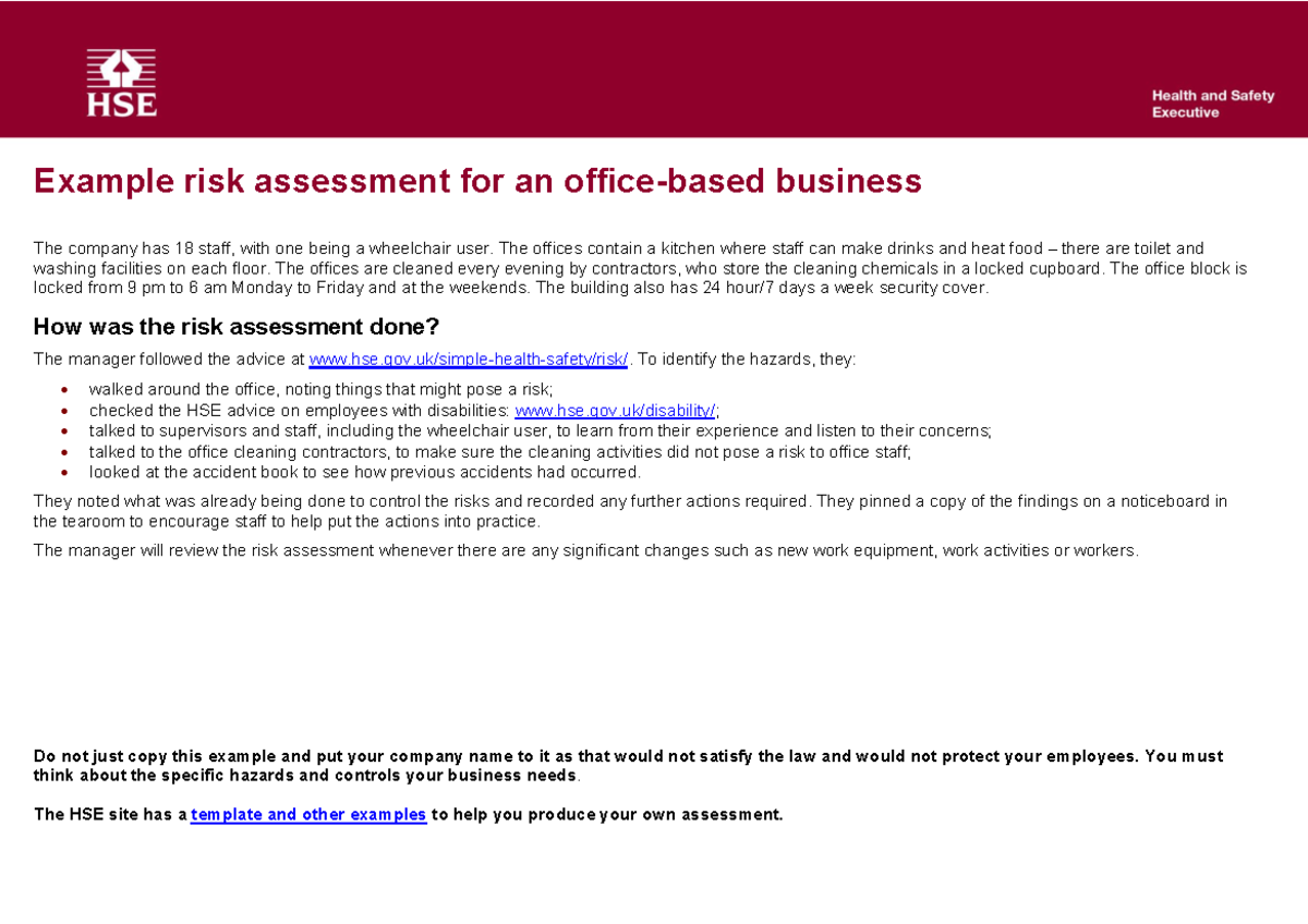 Office based Risks - Example risk assessment for an office-based ...