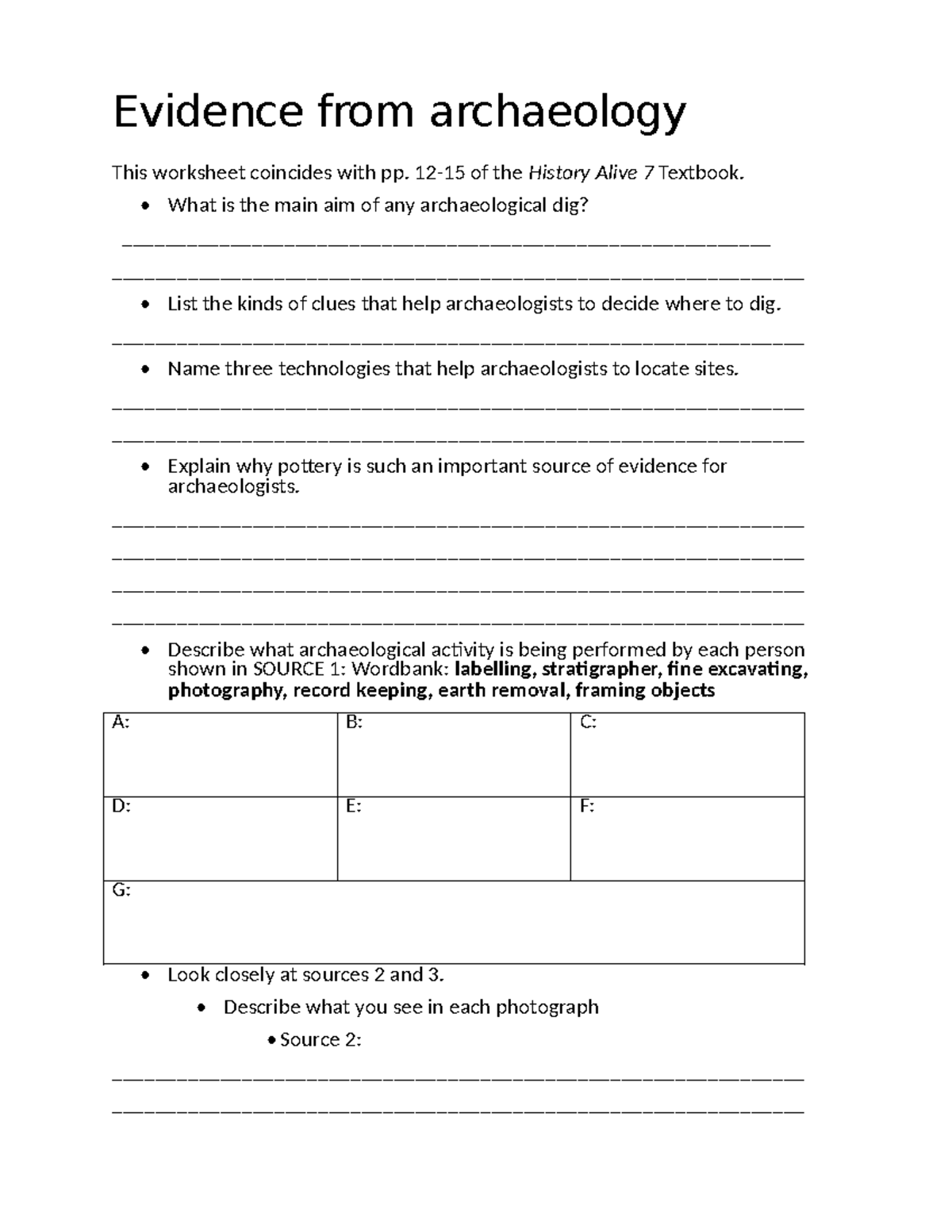 2024 Evidence from archaeology History Alive 7 Worksheet - Evidence ...
