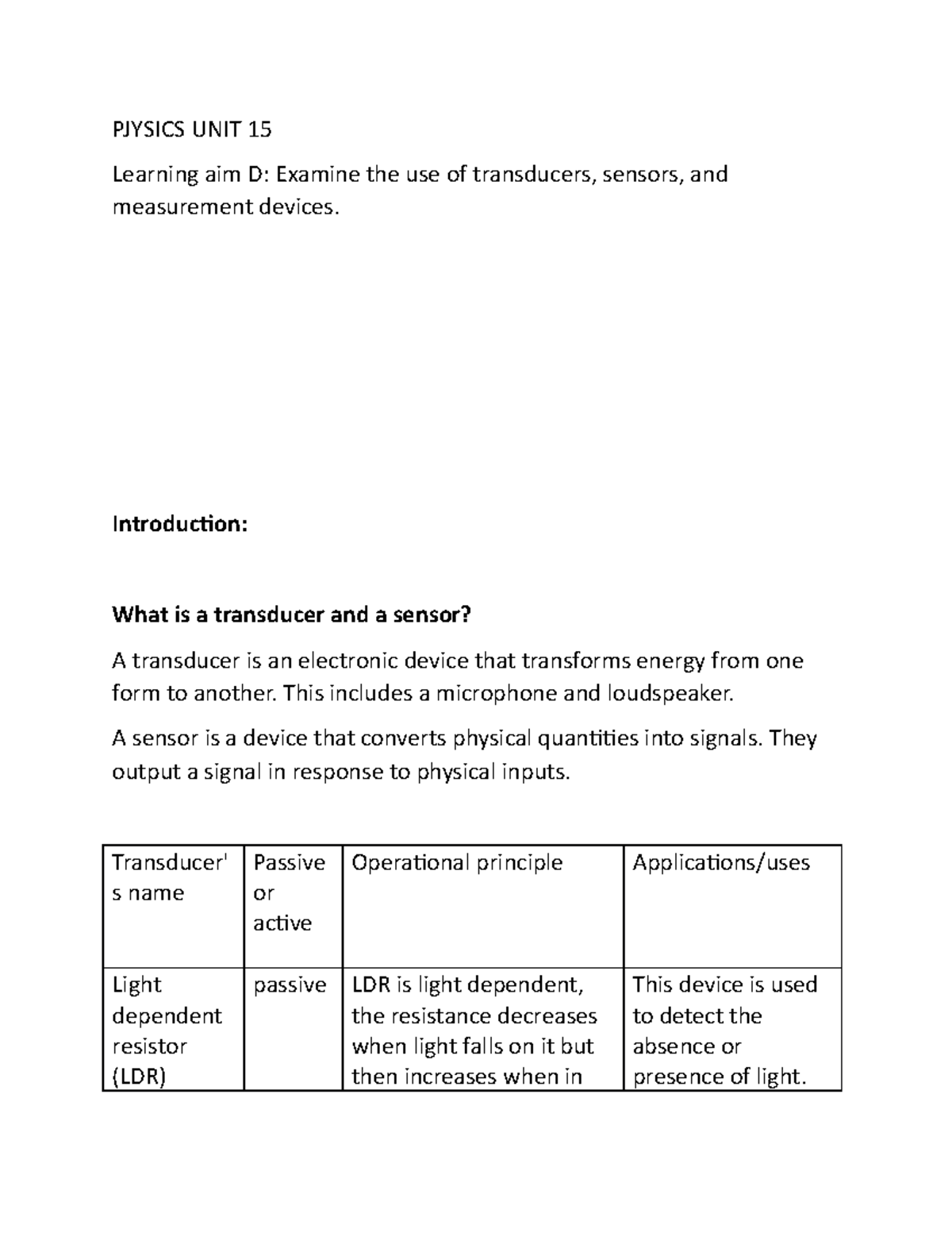 Sensors - PJYSICS UNIT 15 Learning aim D: Examine the use of ...