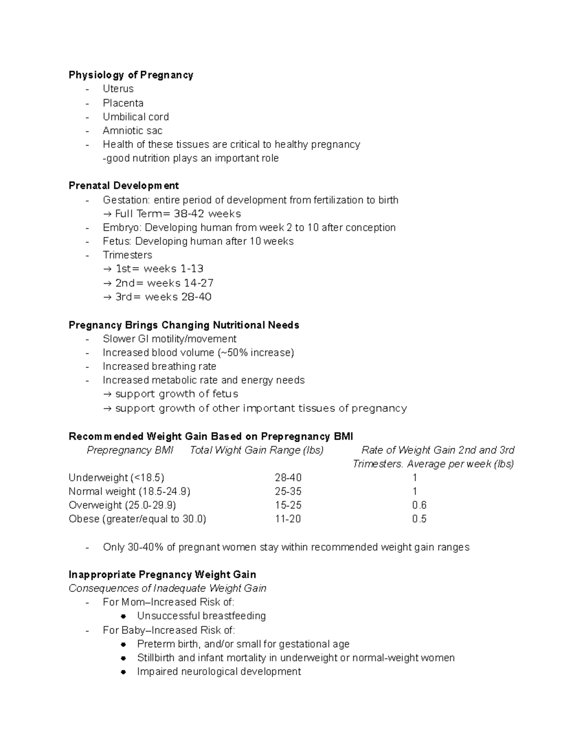 Physiology of Pregnancy - Average per week (lbs) Underweight