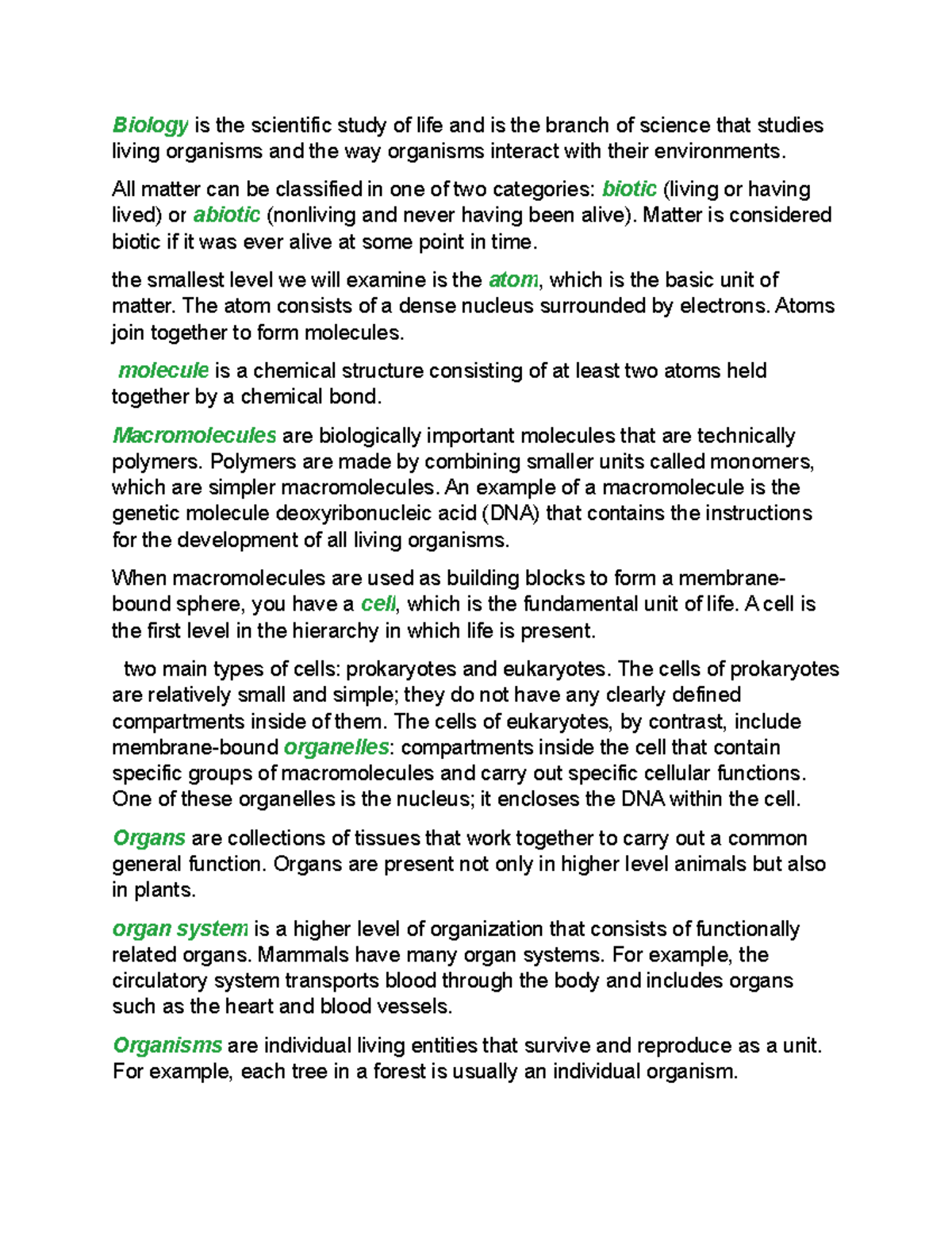 Biology notes - Biology is the scientific study of life and is the ...