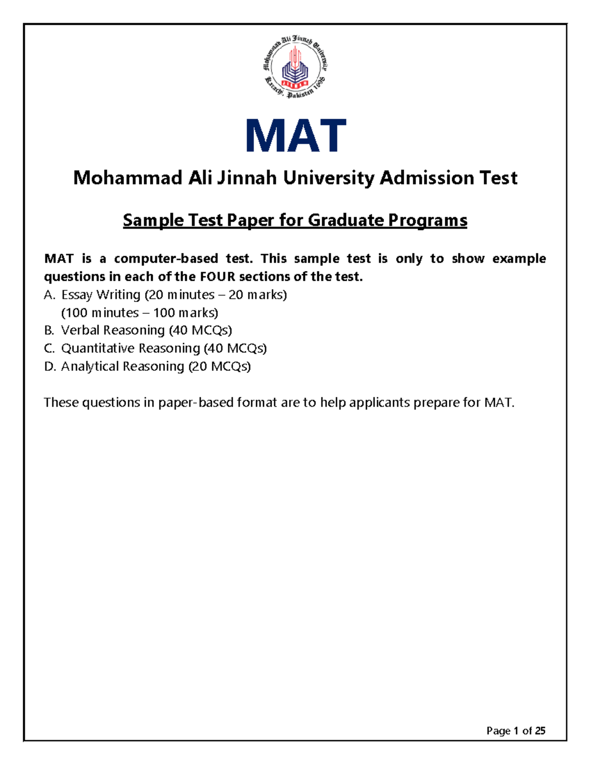 MAT FOR Graduate Programs - MAT Mohammad Ali Jinnah University ...
