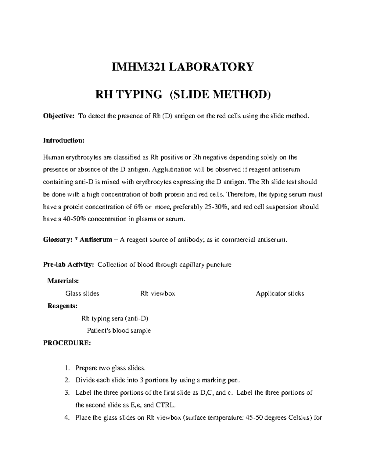 WEAK D - lecture - IMHM321 LABORATORY RH TYPING (SLIDE METHOD ...