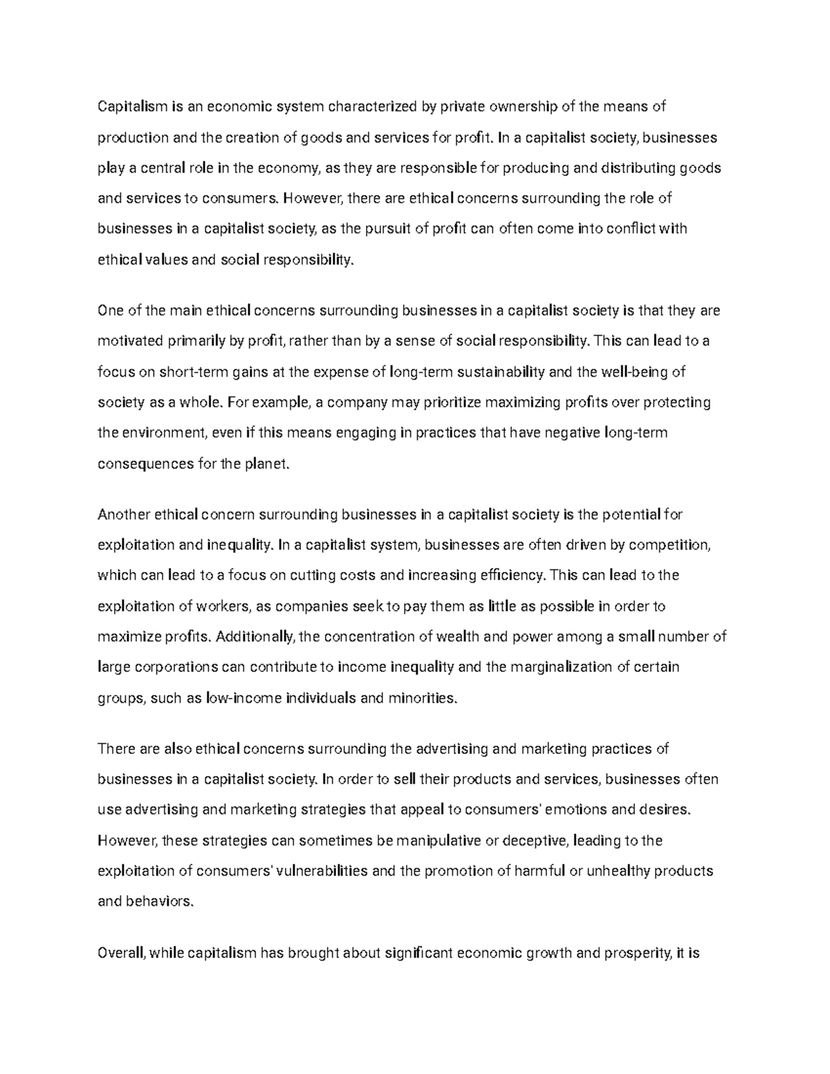 Buisness ethics final paper - Capitalism is an economic system ...
