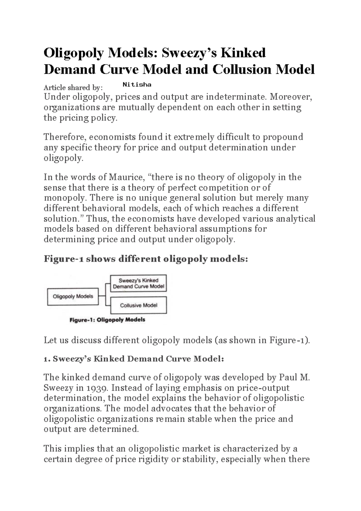 Kinked - Oligopoly Models: Sweezy’s Kinked Demand Curve Model and ...