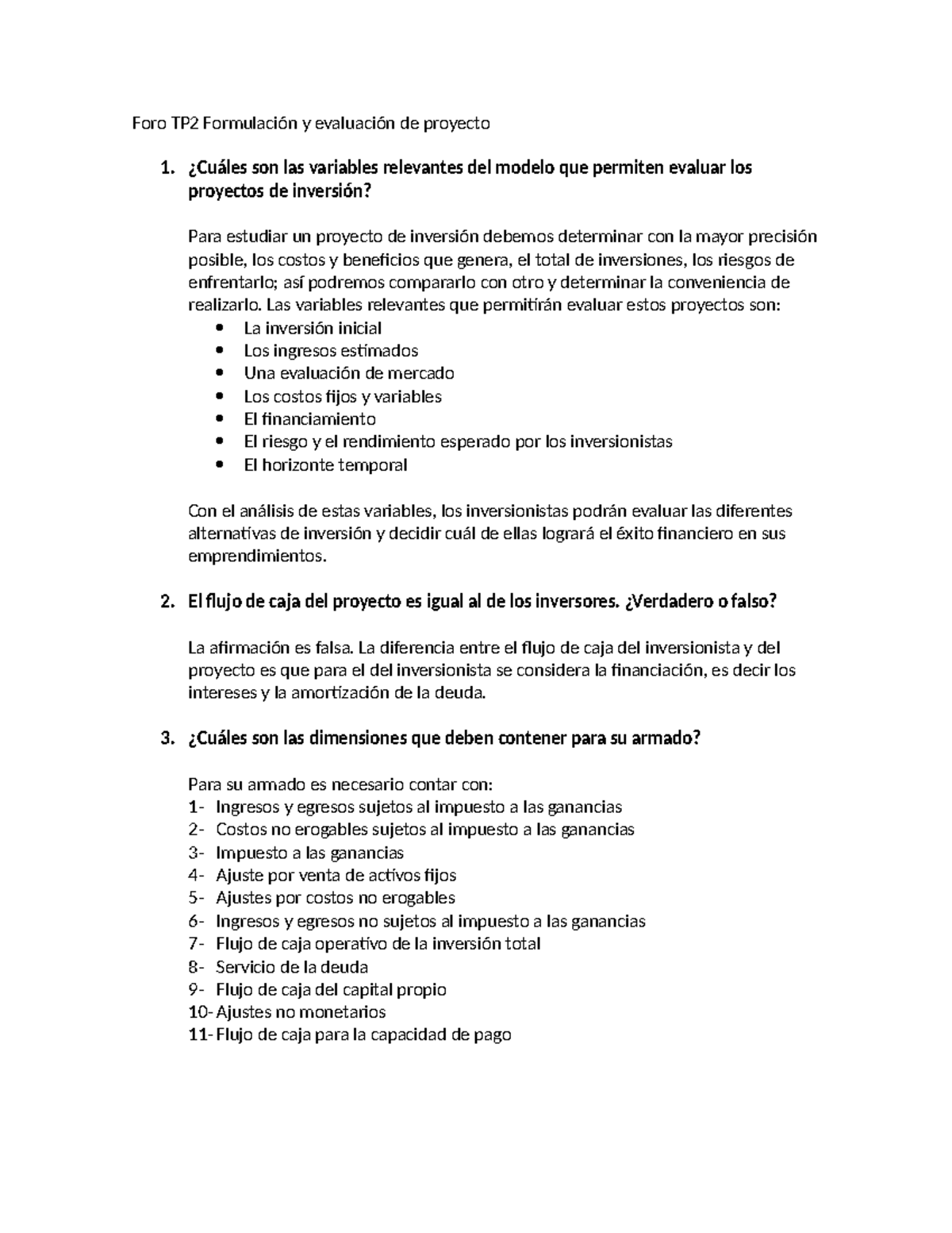 Foro TP2 Formulación y evaluación de proyecto - Foro TP2 Formulación y evaluación de proyecto 1 ...