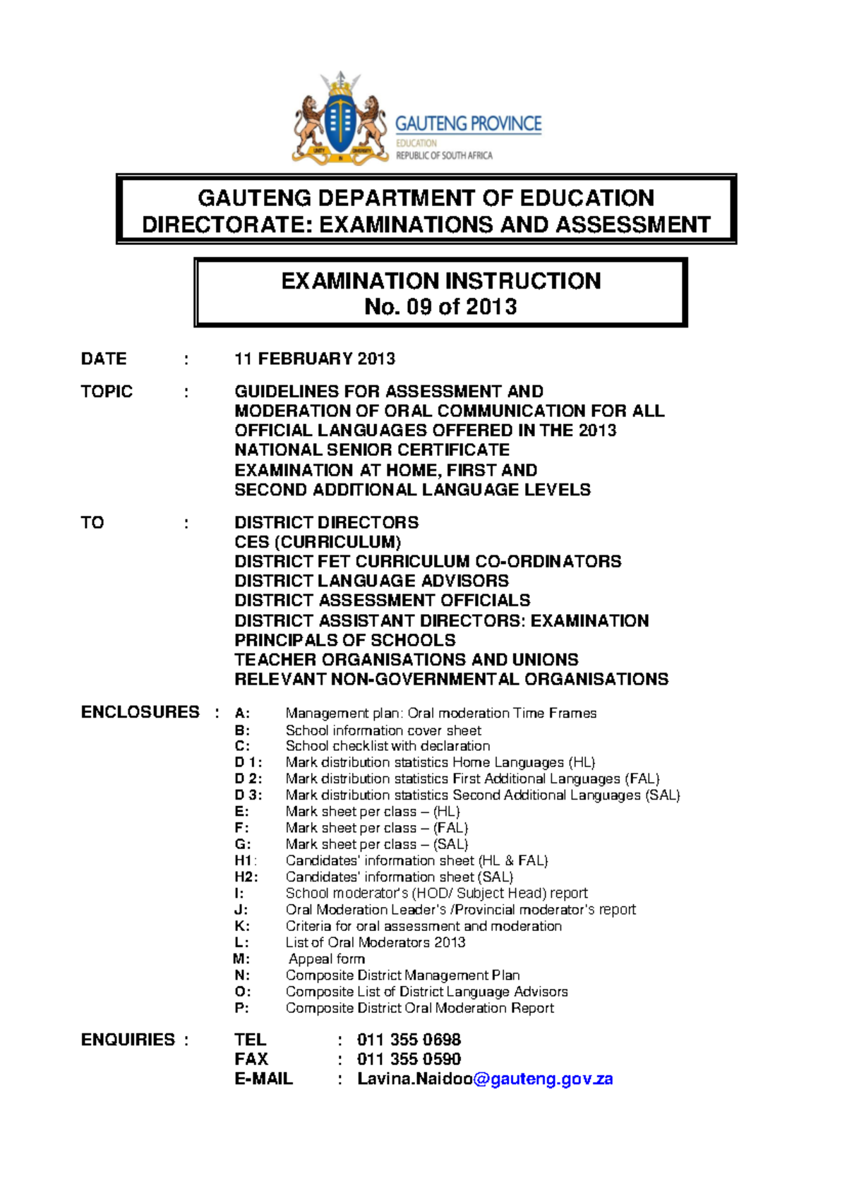 Examination Instruction Number 09 NSC 2013 - DATE : 11 FEBRUARY 2013 ...