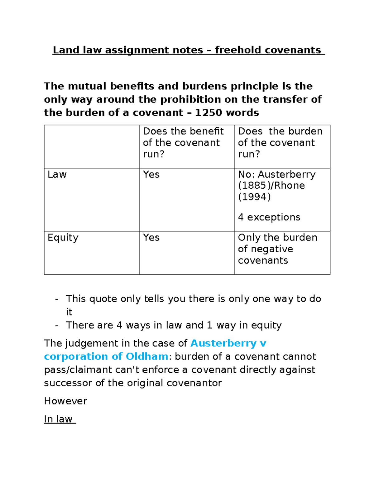Land law assignment notes – freehold covenants - Estate charge enforced ...