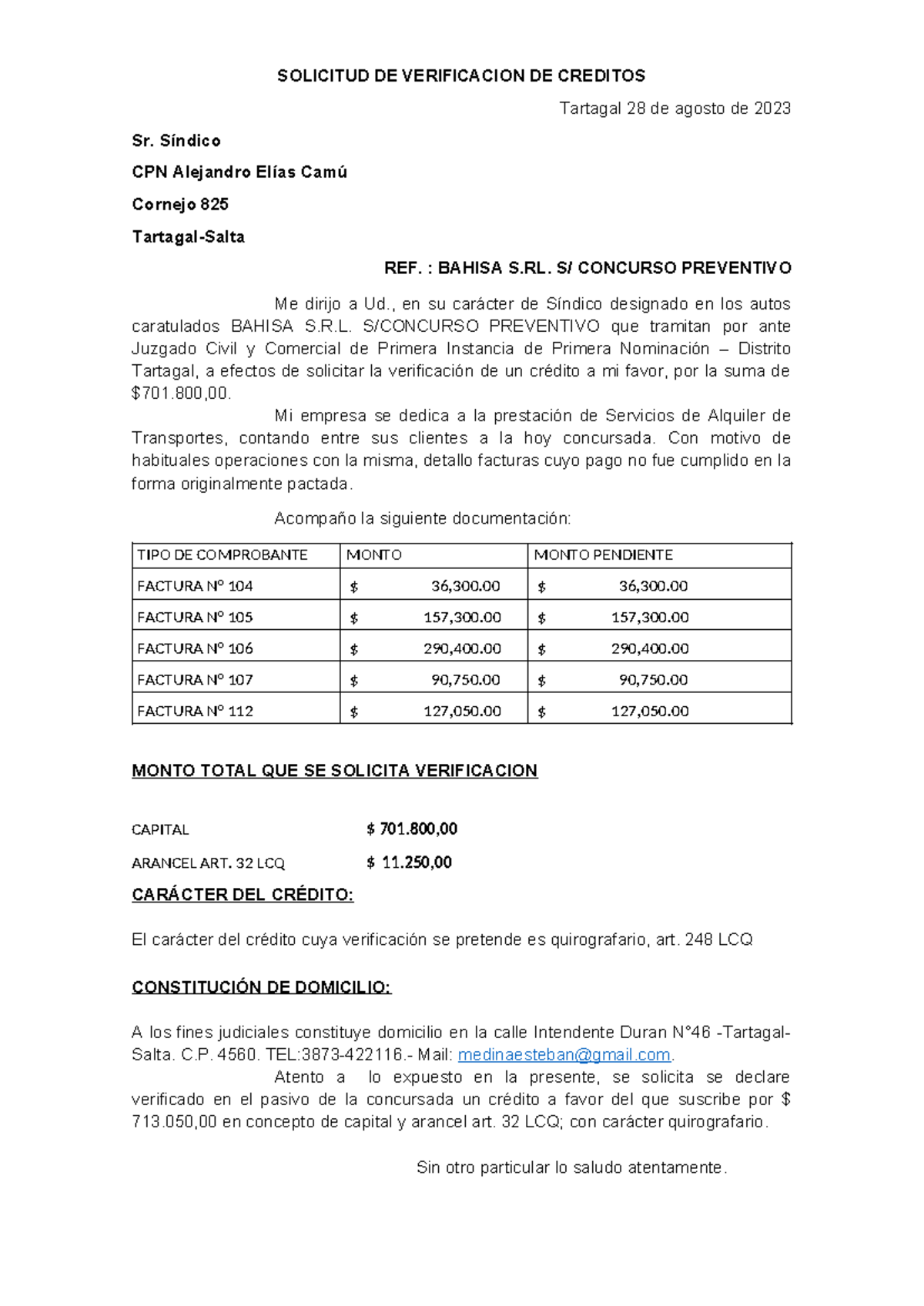 Solicitud DE Verificacion DE Creditos - SOLICITUD DE VERIFICACION DE CREDITOS Tartagal 28 de ...