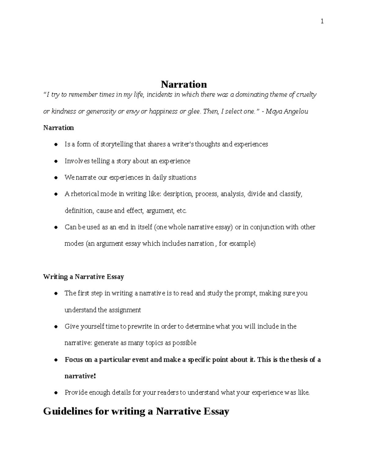 Narration Notes English 1A - 1 Narration “I try to remember times in my ...