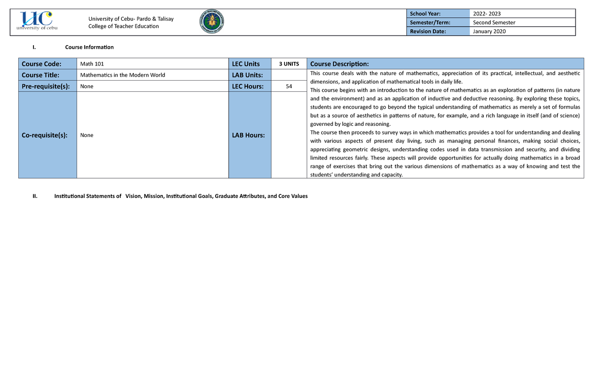 Mathematics in the Modern World Syllabus Course Guide Final ...