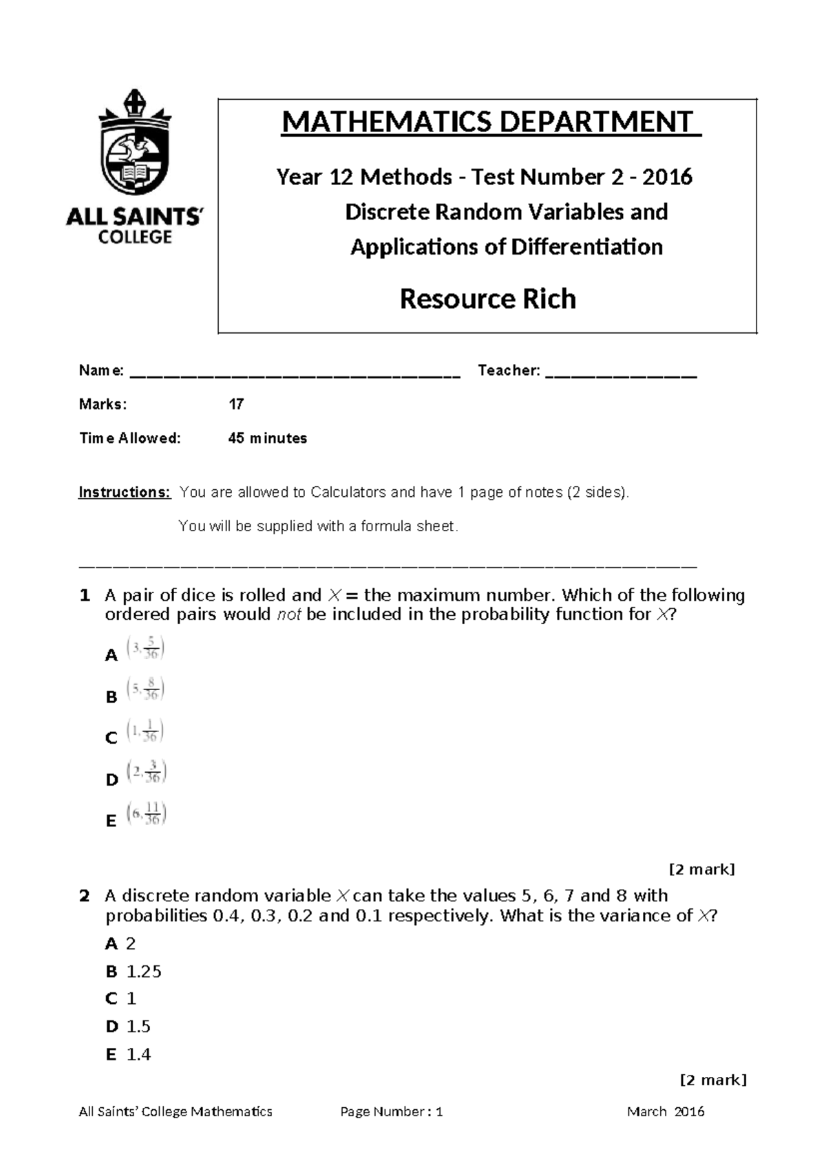 2016 Year 12 Methods Test 2 RR Random Variables and Applications of ...