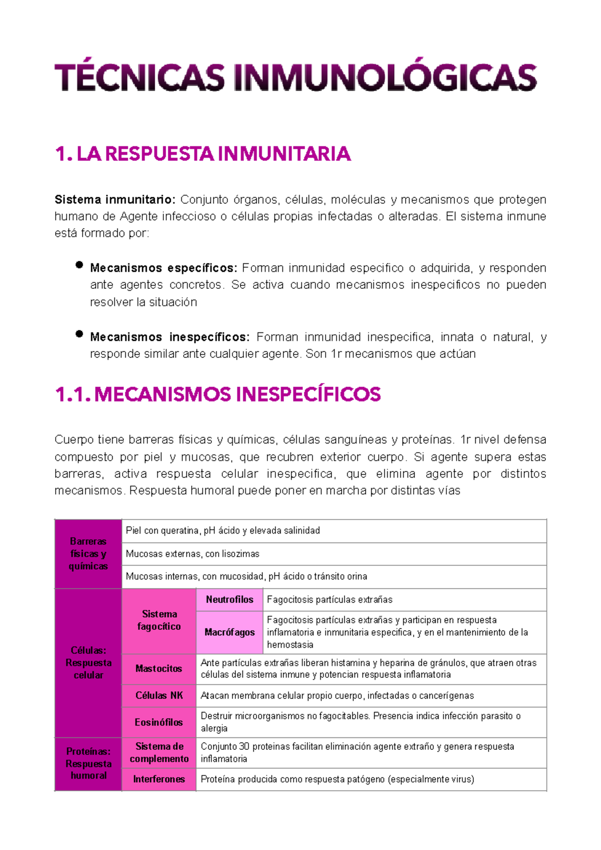 TEMA 1 Inmuno - apuntes - TÉCNICAS INMUNOLÓGICAS 1. LA RESPUESTA ...