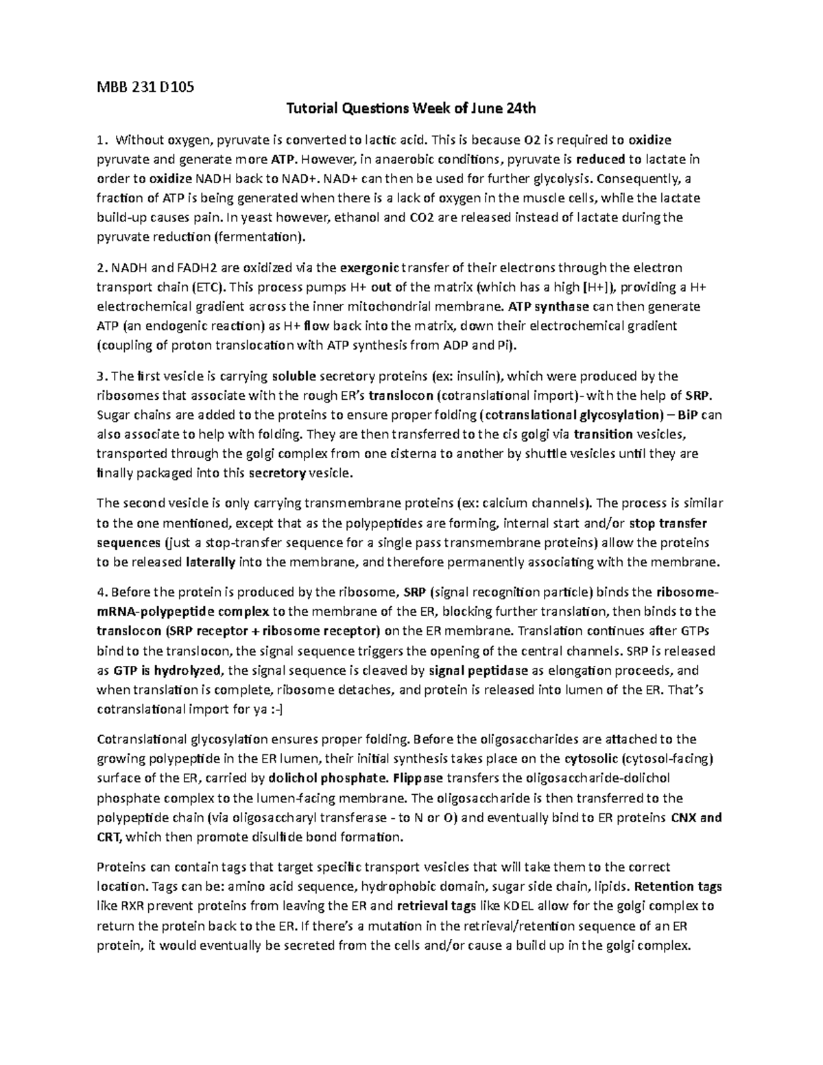 Tutorial 5 Problem Set Answers - MBB 231 D Tutorial Questions Week of ...