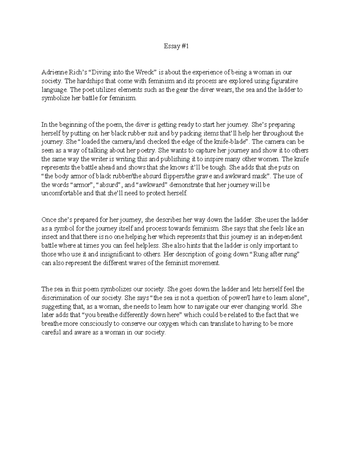 Diving into the Wreck essay - Essay # Adrienne Rich’s “Diving into the ...